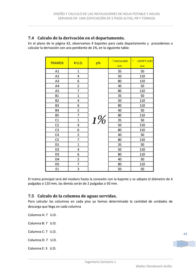 Diseño y calculo de las instalaciones de agua potable y agua servidas ...