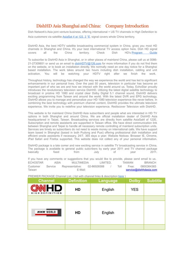 Dish hd asia-shanghai-company-introduction | PDF | Home Entertainment ...