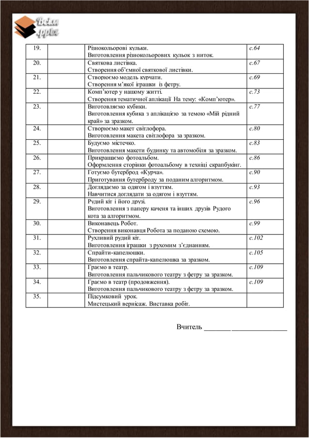 Календарно тематичне планування Дизайн та технології для 3 класу за М Корнієнко на рік Pdf