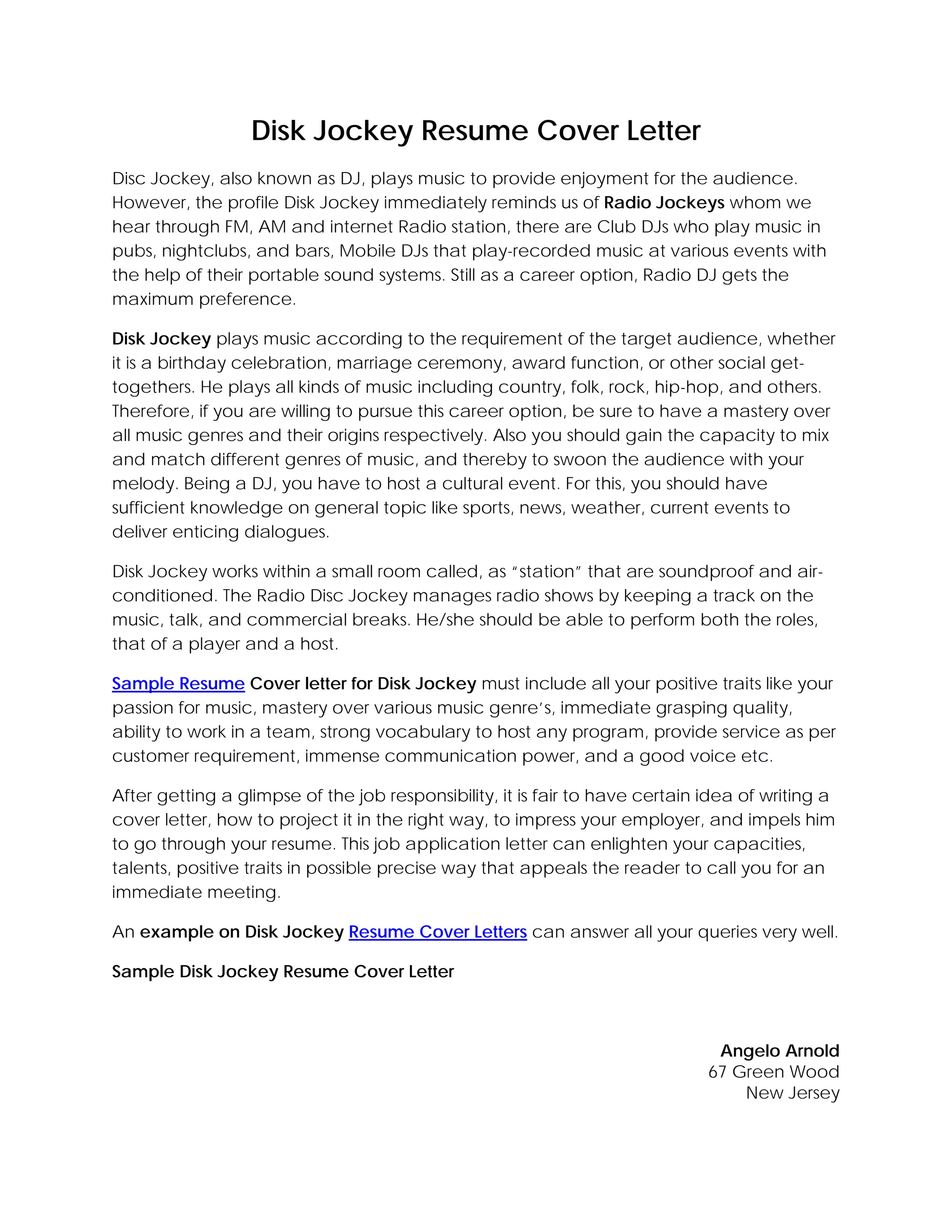Disk Jockey Resume Cover Letter | PDF