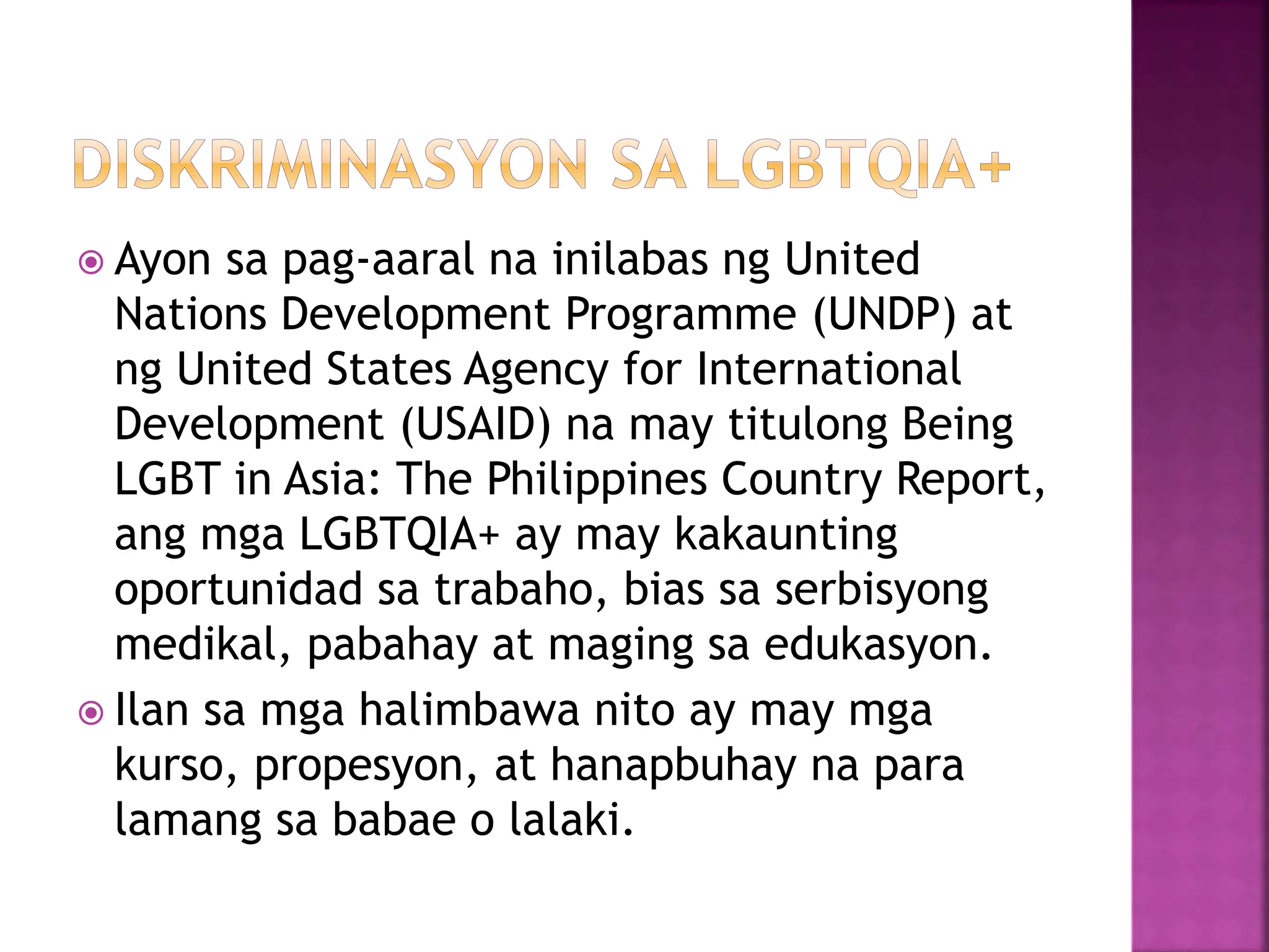 DISKRIMINASYON sa Kalalakihan, Kababaihan, at LGBTQ | PPTX