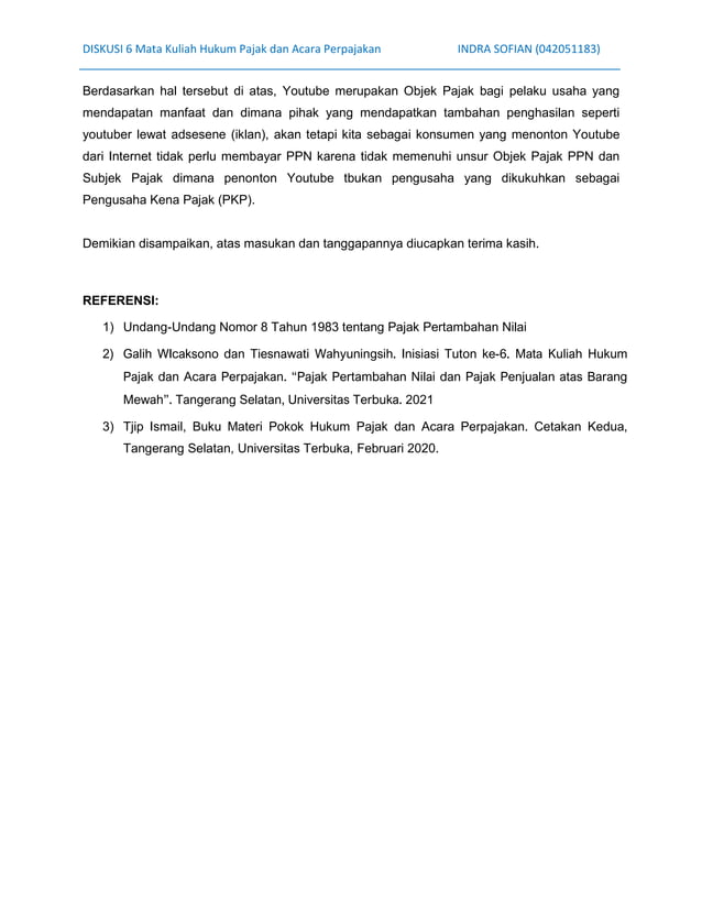 Diskusi 6 Hukum Pajak dan Acara Perpajakan menyaksikan video melalui internet objek PPN membayar ...