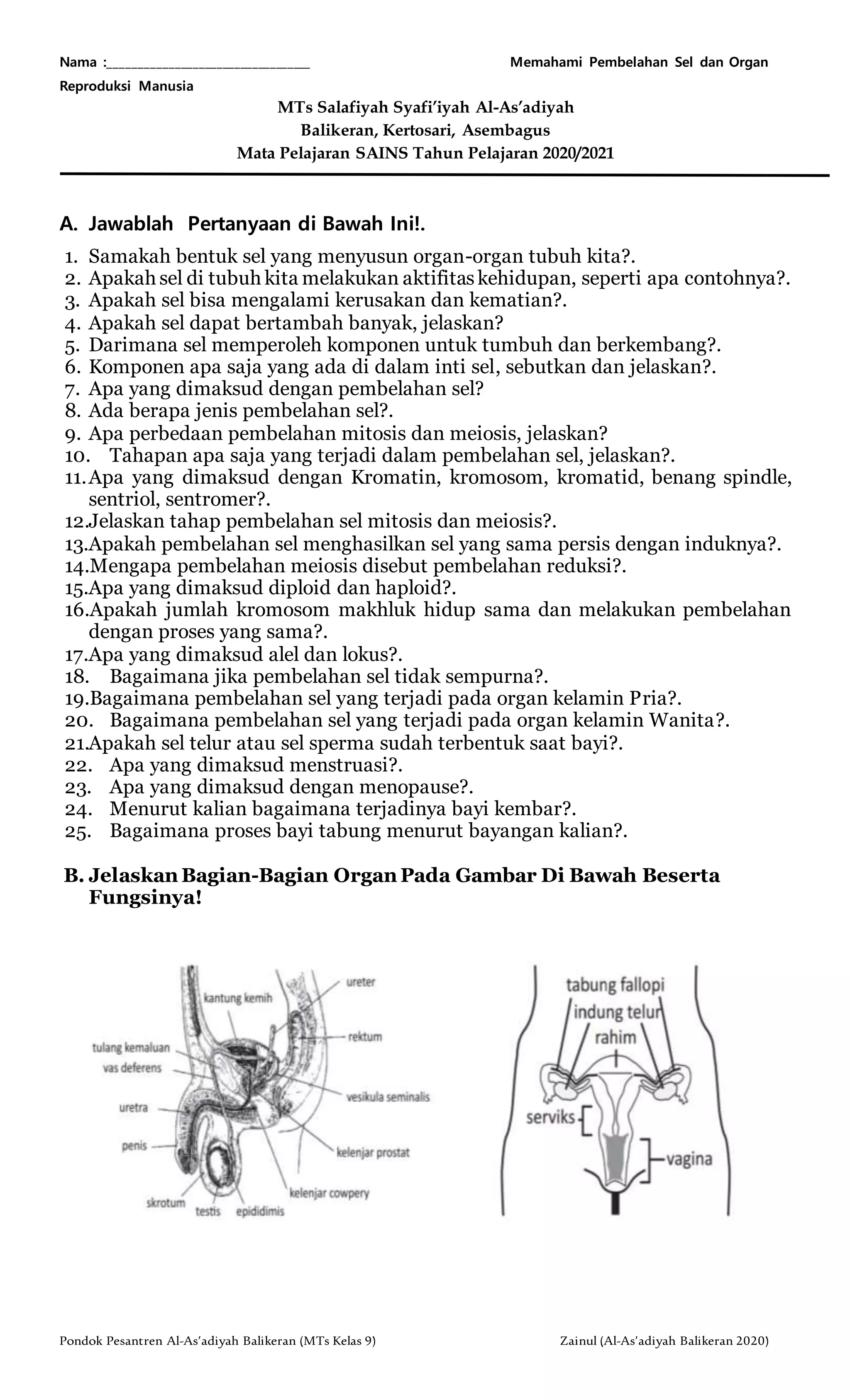 Diskusi Pembelahan Sel (Mitosis dan Meiosis) serta Organ Reproduksi Manusia Kelas 9 | PDF
