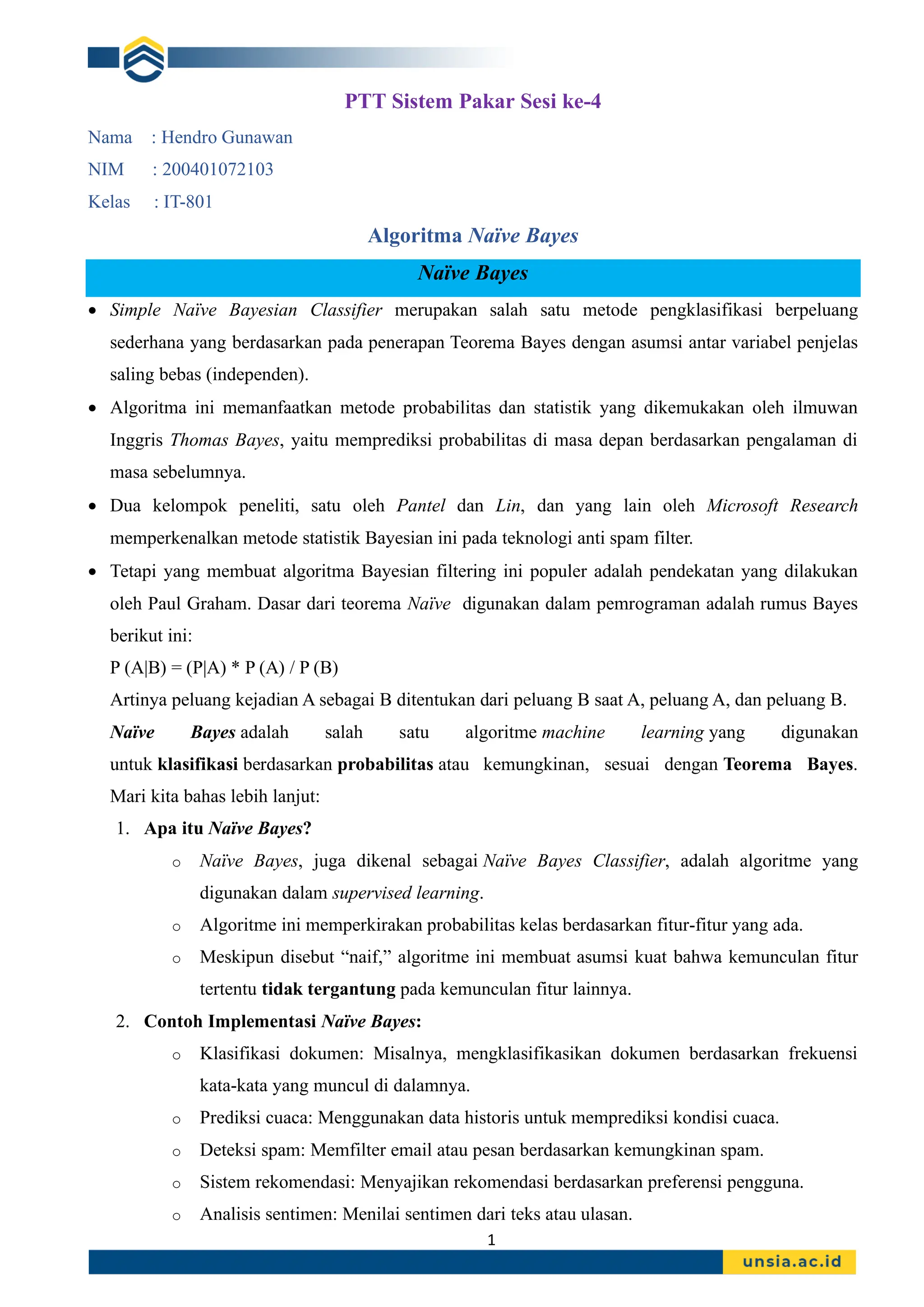 Diskusi PPT Sistem Pakar Sesi Ke-4 Simple Naïve Bayesian Classifier .pdf