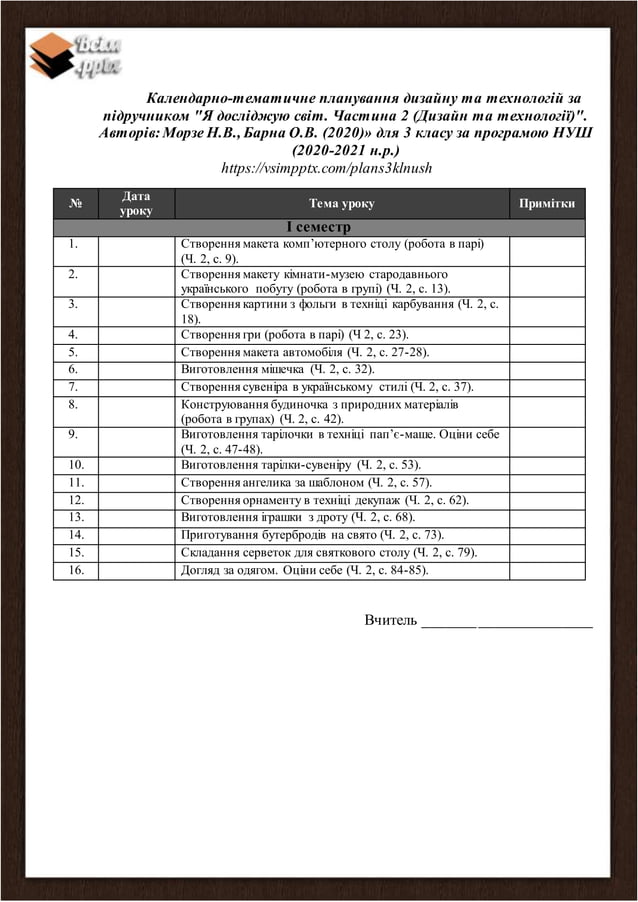 Календарно тематичне планування Дизайн та технології для 3 класу за Н Морзе І семестр Docx