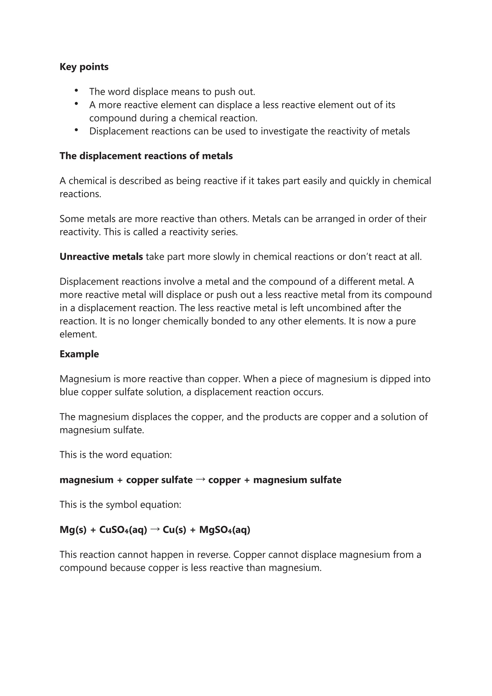 Displacement Reaction and Reactivity Series.docx | Chemistry | Science