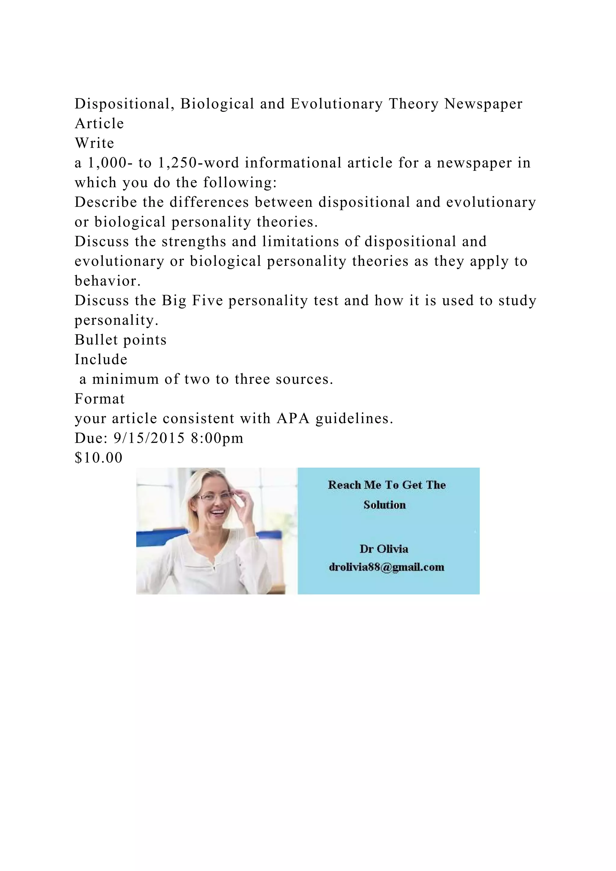 Dispositional, Biological and Evolutionary Theory Newspaper Article.docx