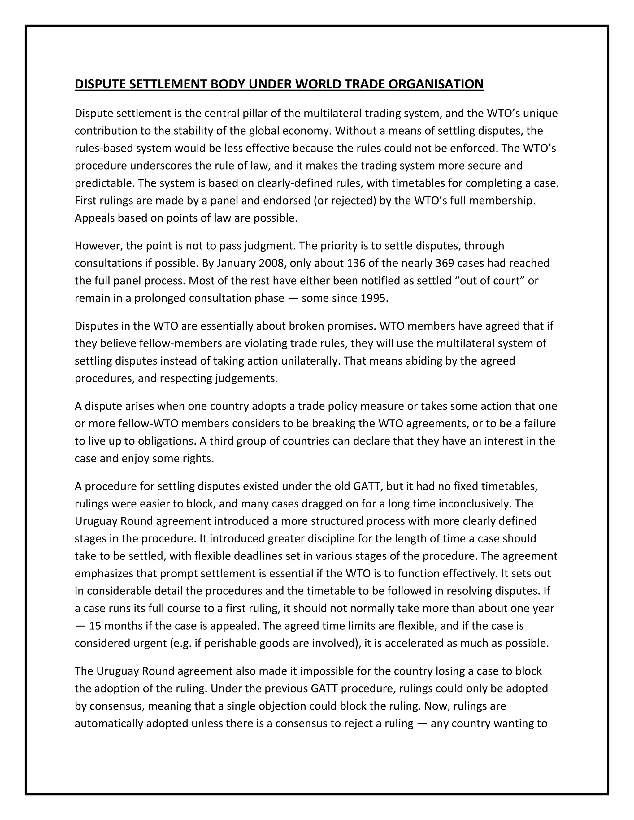 Dispute settlement body under world trade organisation | DOCX | Law