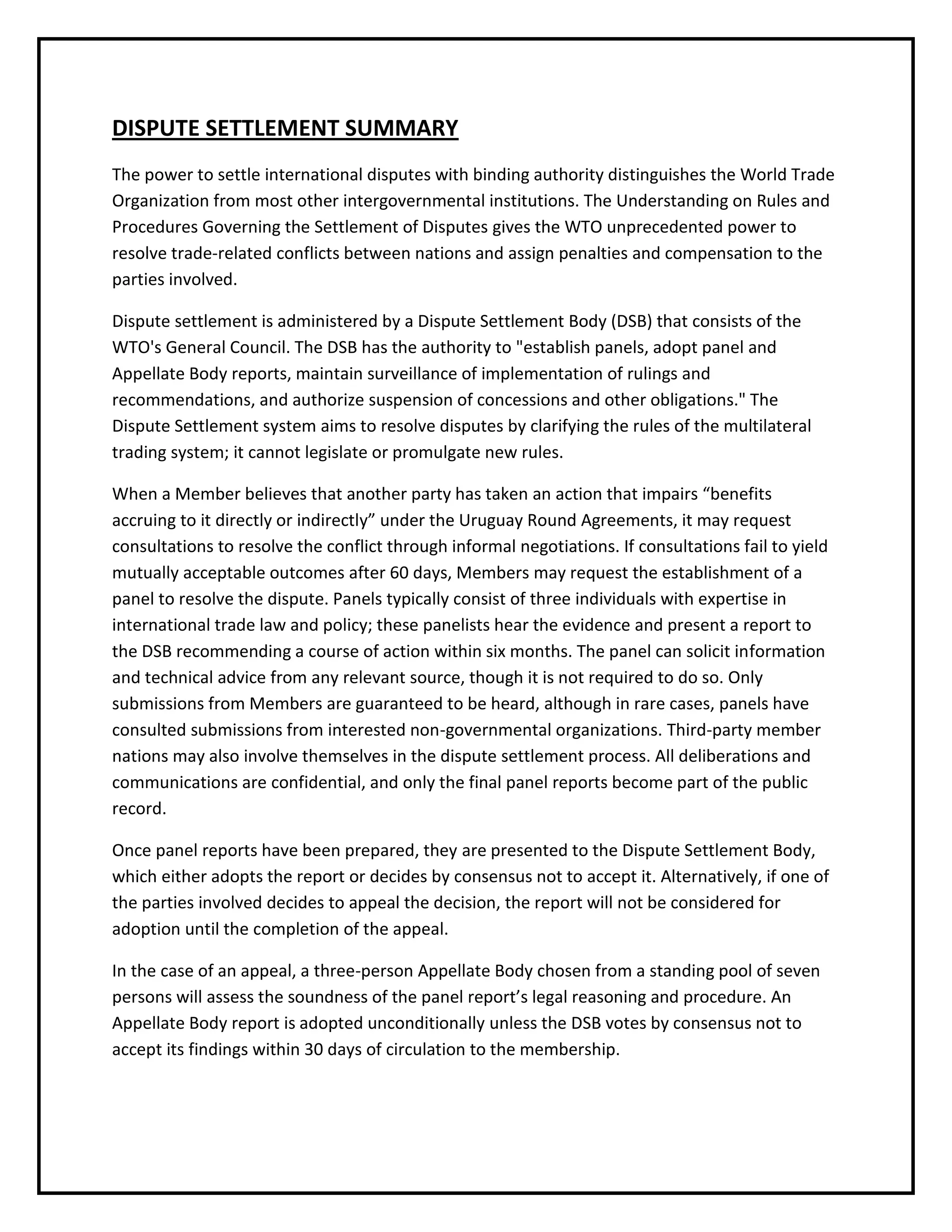 Dispute settlement body under world trade organisation | DOCX
