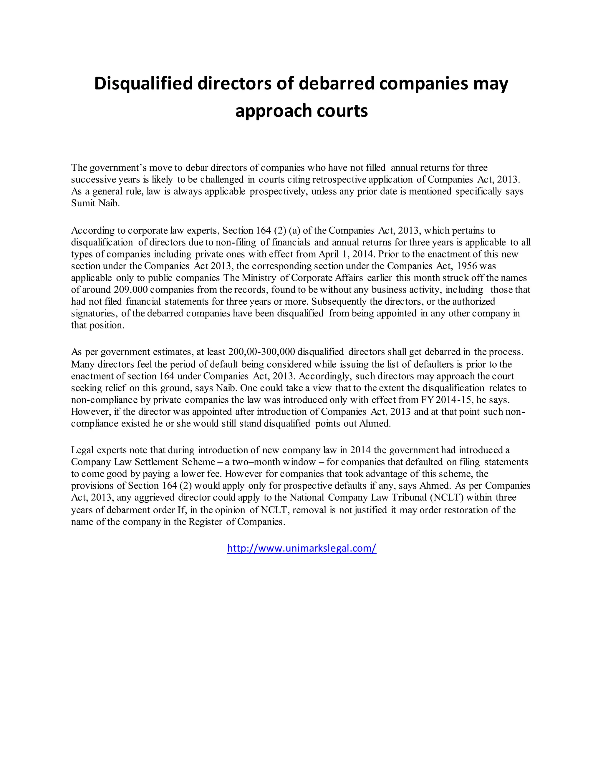 Disqualified Directors of Debarred Companies May Approach Courts | DOCX