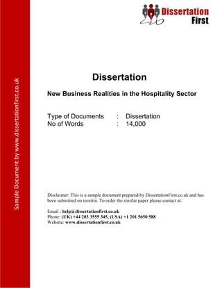 Dissertation New Business Realities in the Hospitality Sector Sample | PDF
