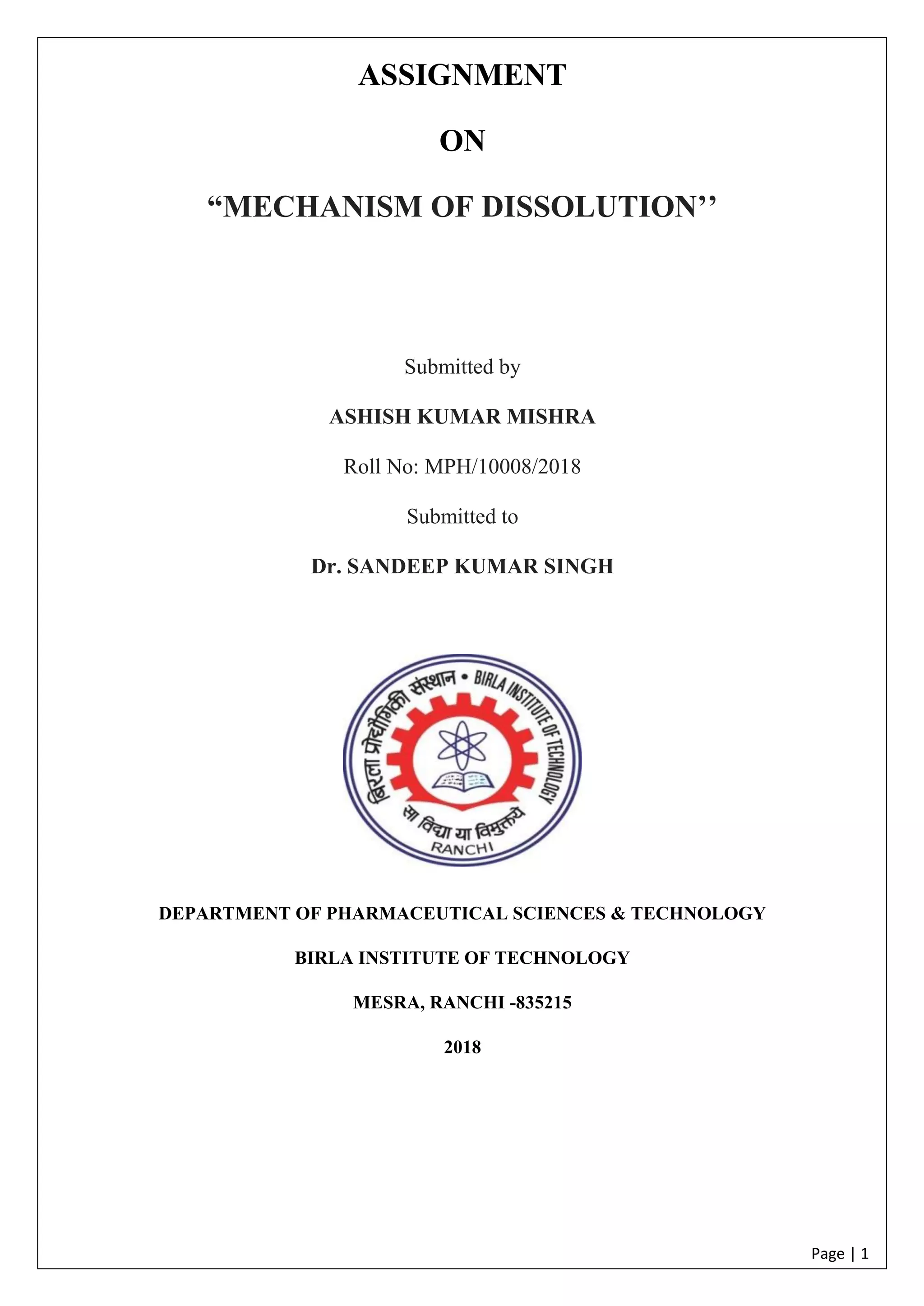 DISSOLUTION AND MECHANISM OF DRUG RELEASE | PDF