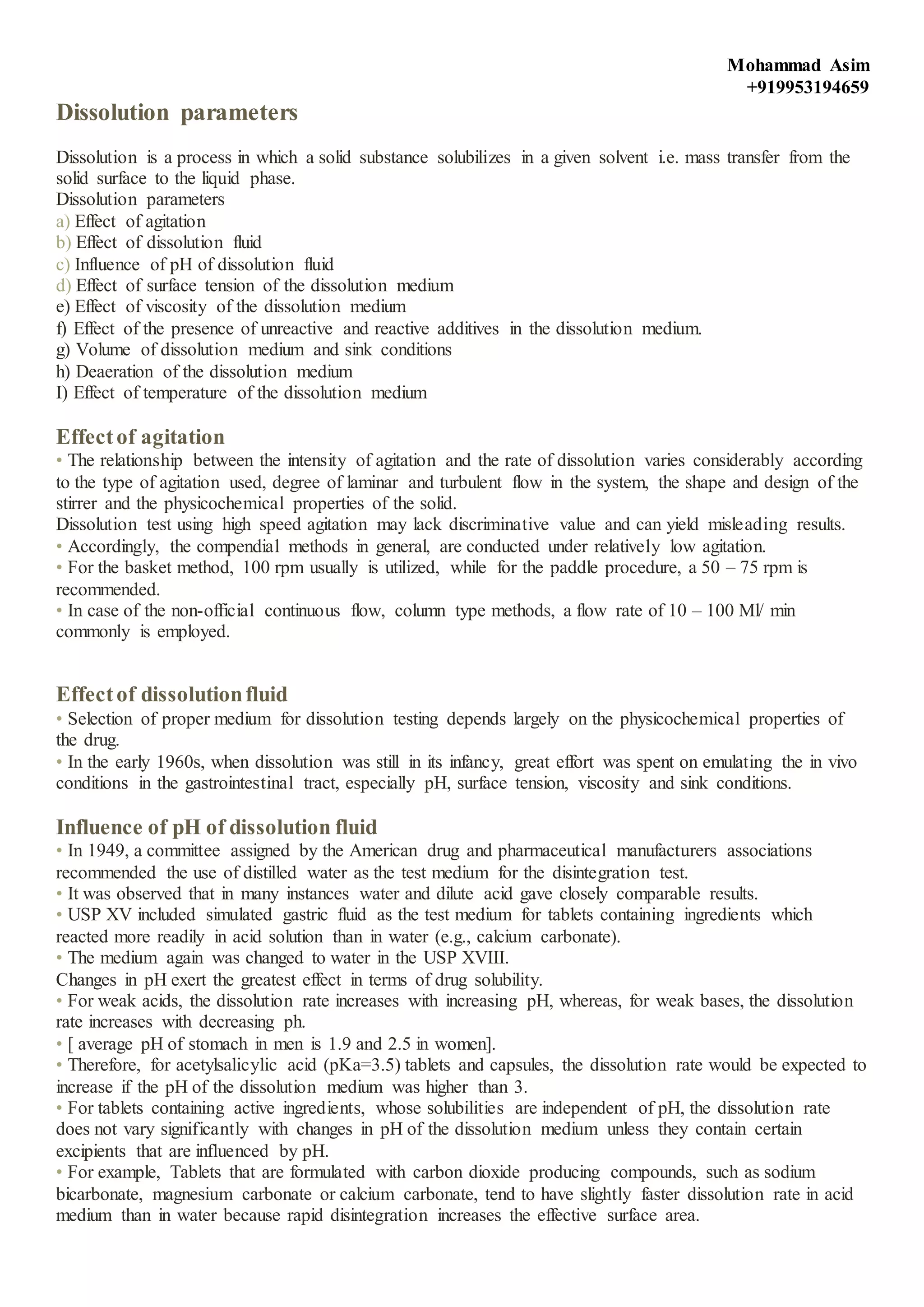 Dissolution parameters of a dosage form | DOCX