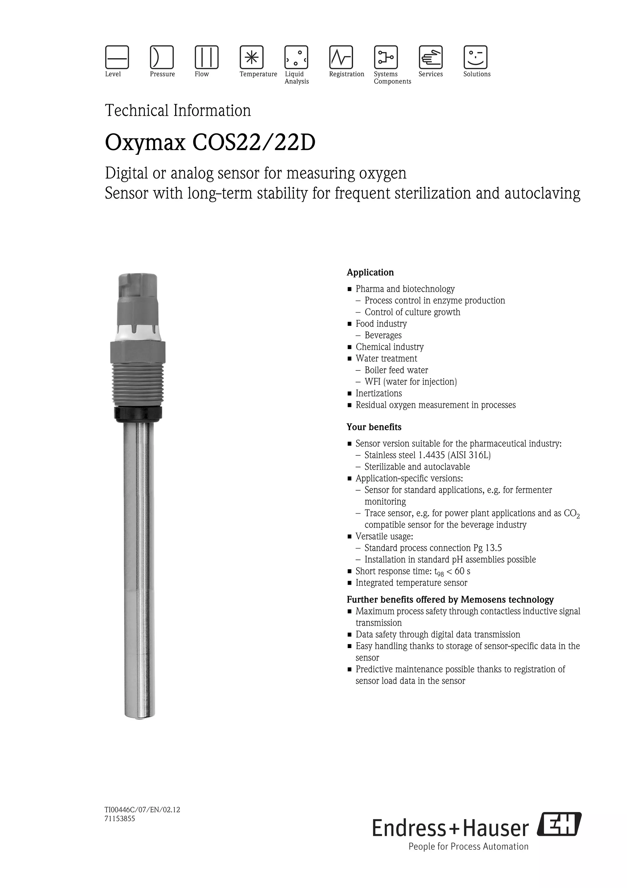 Dissolved Oxygen Sensors-Oxymax COS22/22D | PDF