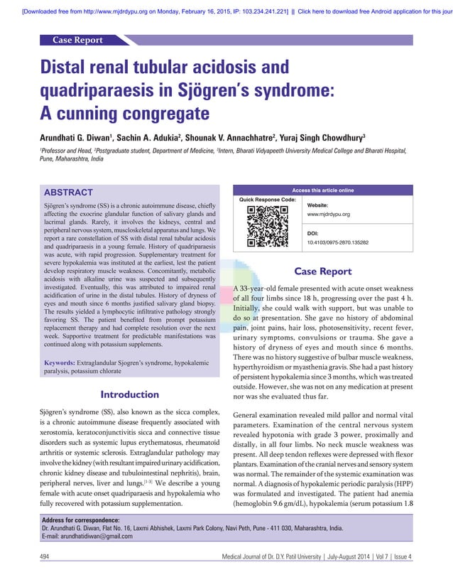 Distal renal tubular acidosis and quadriparaesis in sjögren’s syndrome ...