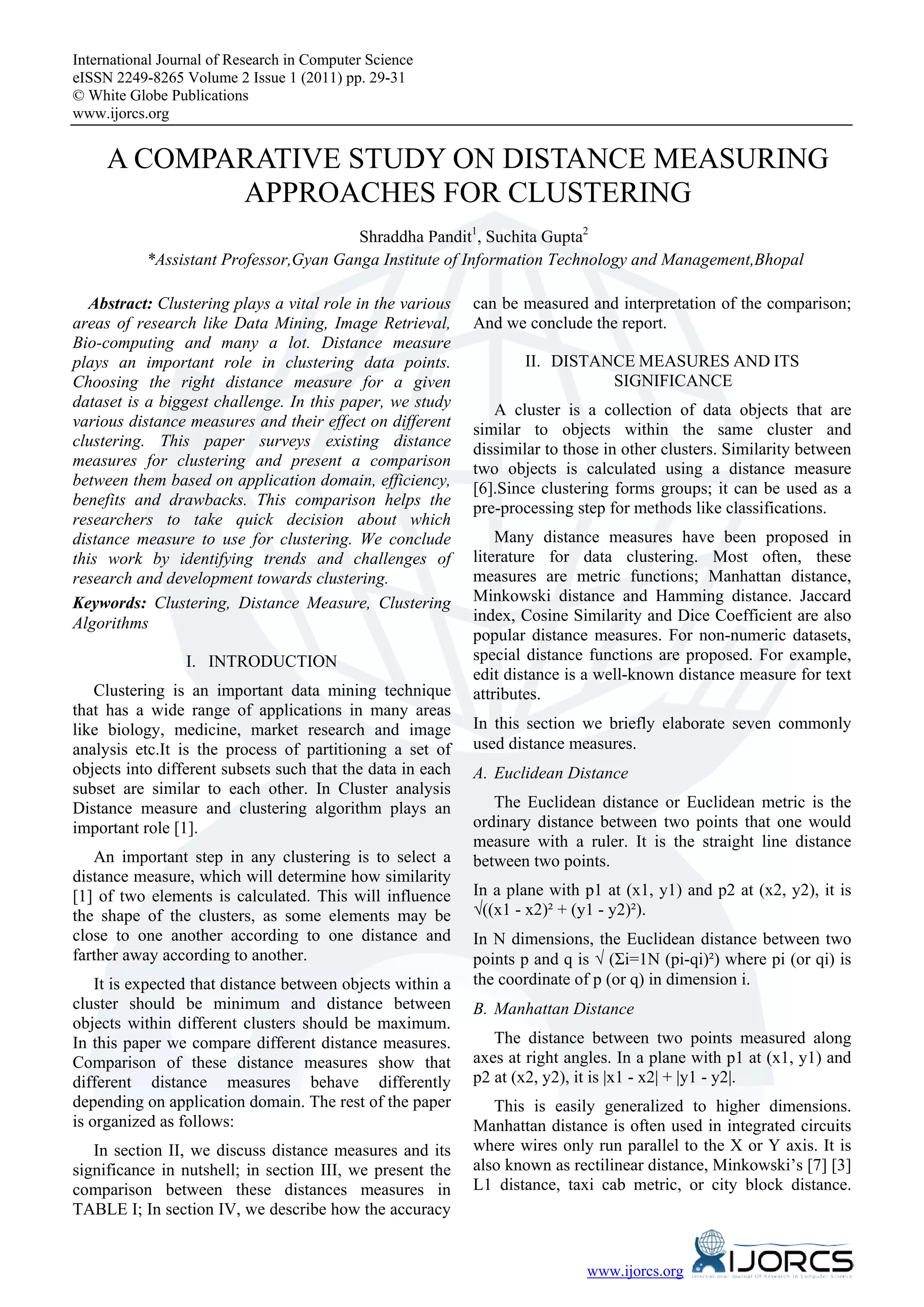 A COMPARATIVE STUDY ON DISTANCE MEASURING APPROACHES FOR CLUSTERING | PDF