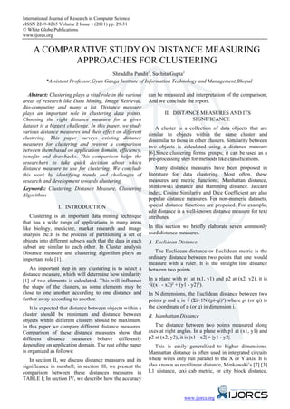 A COMPARATIVE STUDY ON DISTANCE MEASURING APPROACHES FOR CLUSTERING | PDF