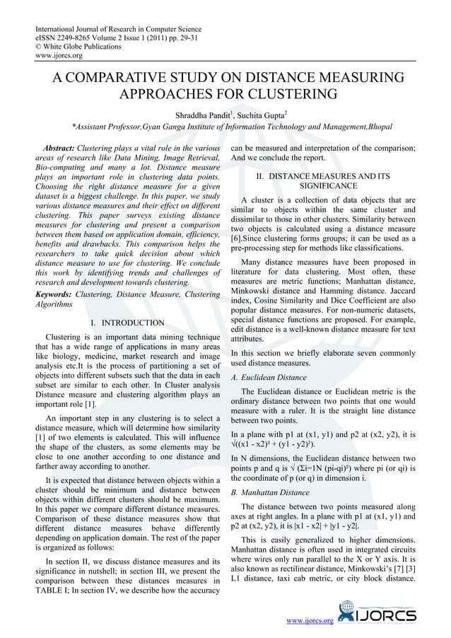 A COMPARATIVE STUDY ON DISTANCE MEASURING APPROACHES FOR CLUSTERING | PDF