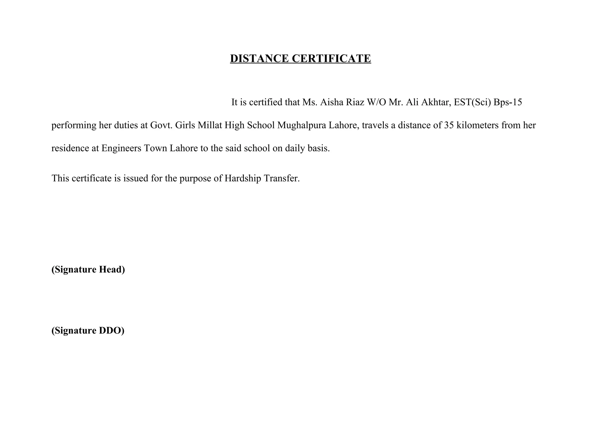 DISTANCE CERTIFICATe of distance for more than 20 km | DOCX
