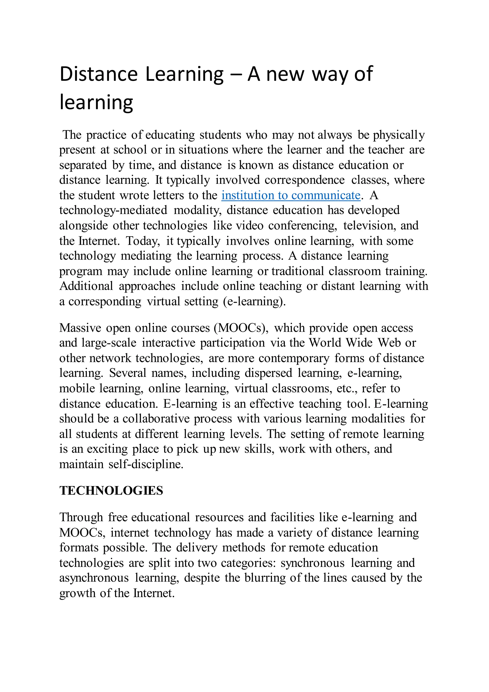 Distance Learning – A new way of learning | PDF