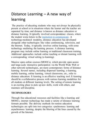 Distance Learning – A new way of learning | PDF