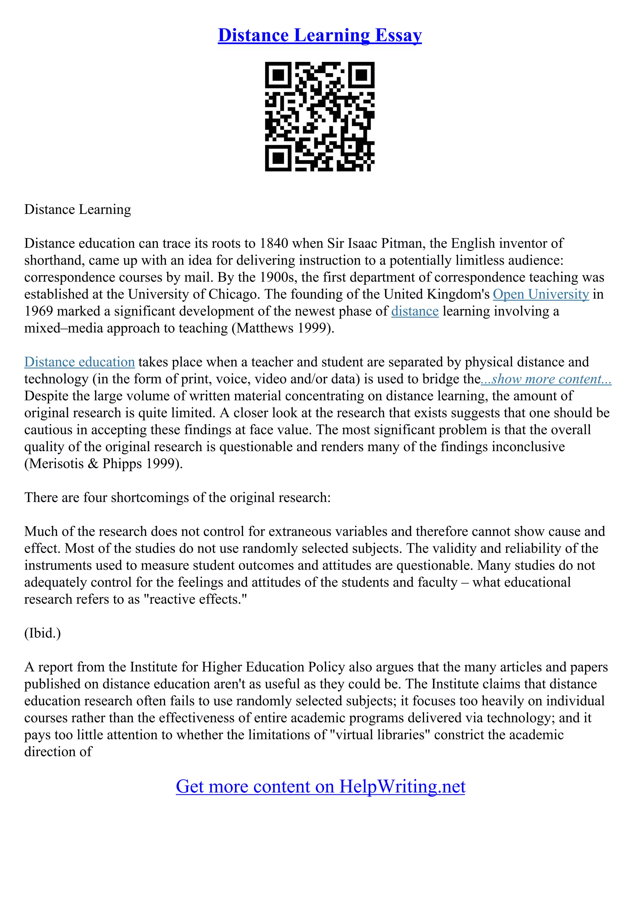 Distance Learning Essay | PDF | Online Education | Education