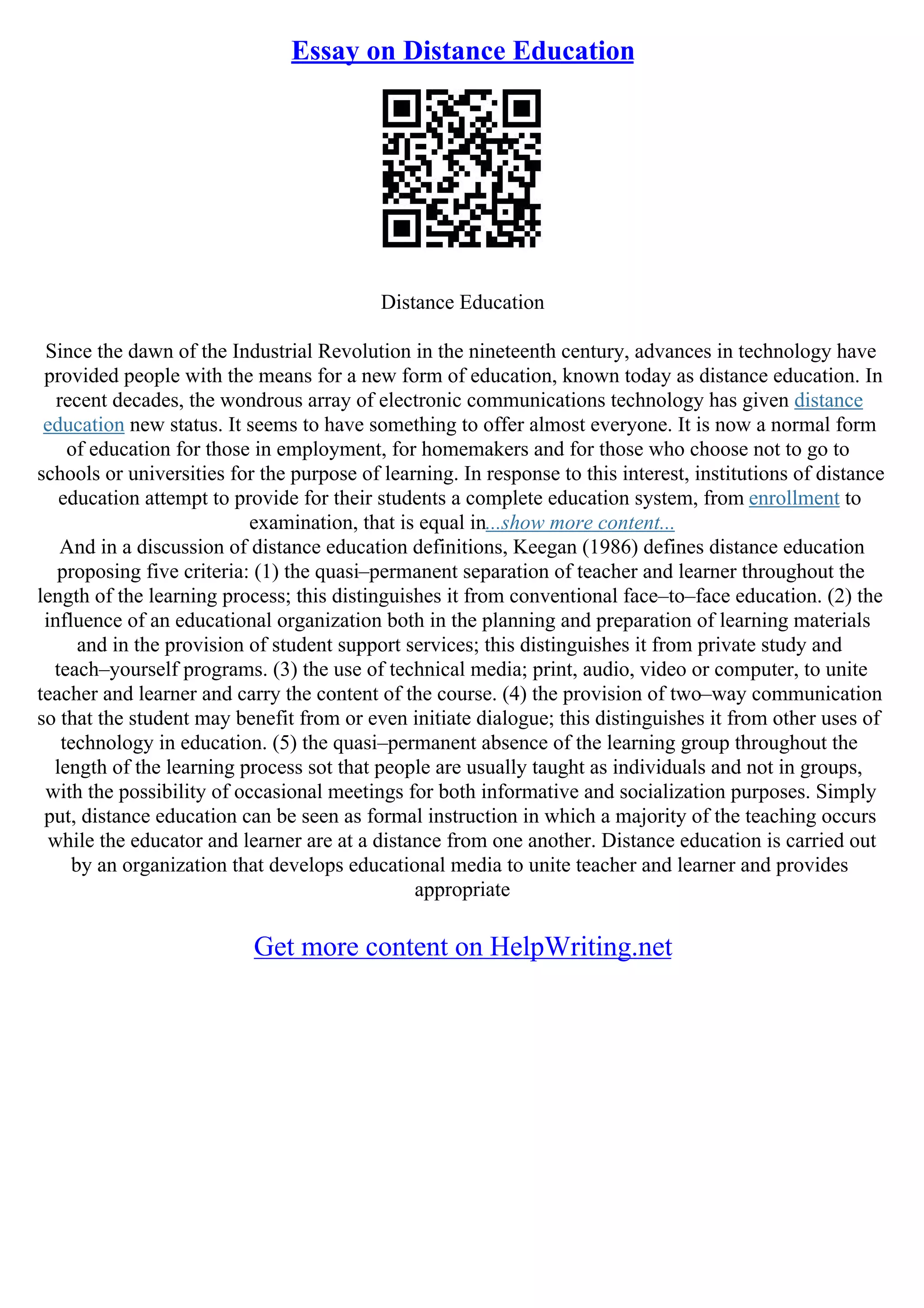 Distance Learning Essay | PDF | Online Education | Education