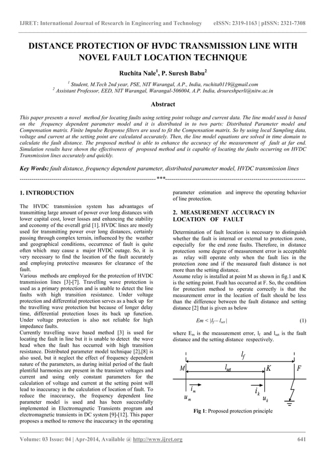 Distance protection of hvdc transmission line with novel fault location ...