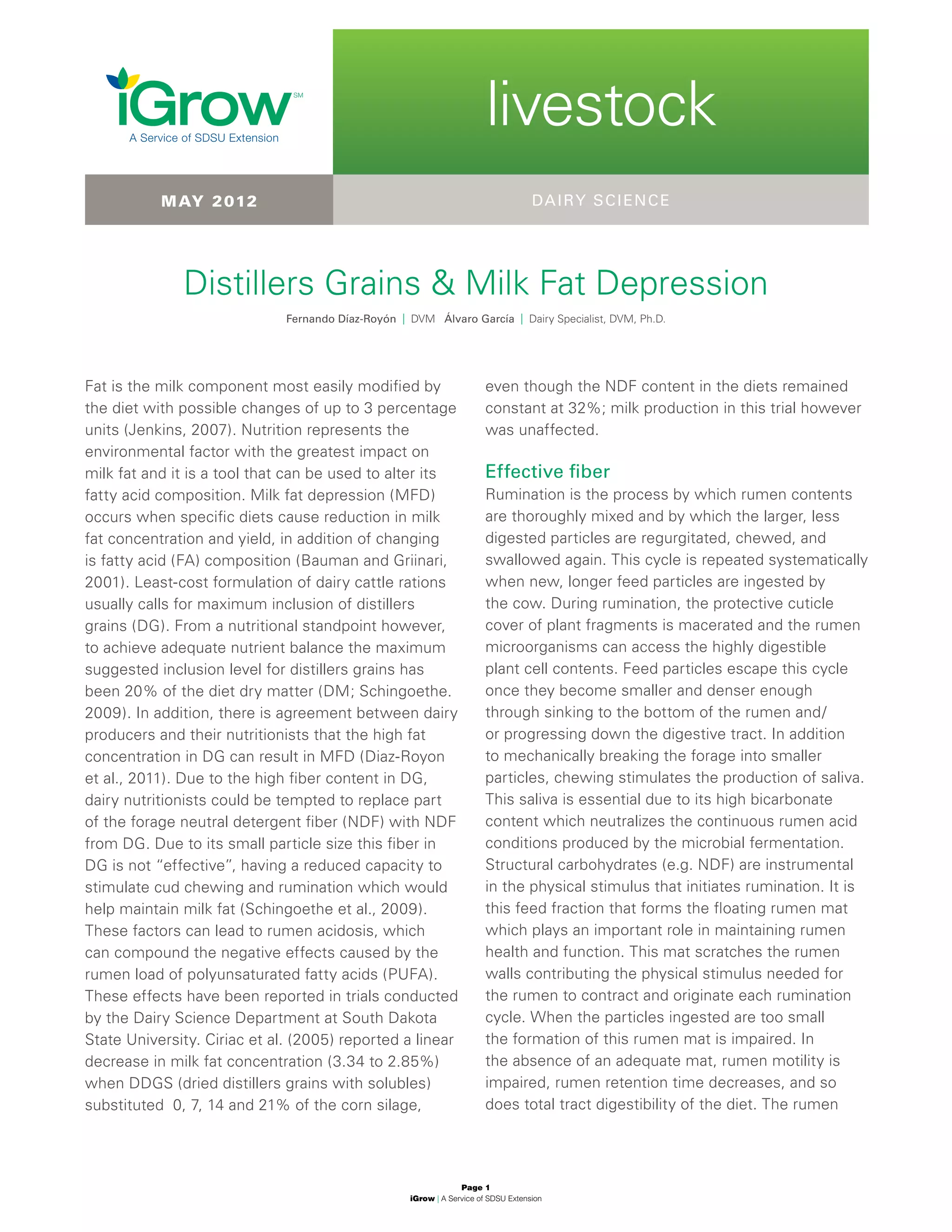 Distillers grains & Milk fat depression | PDF