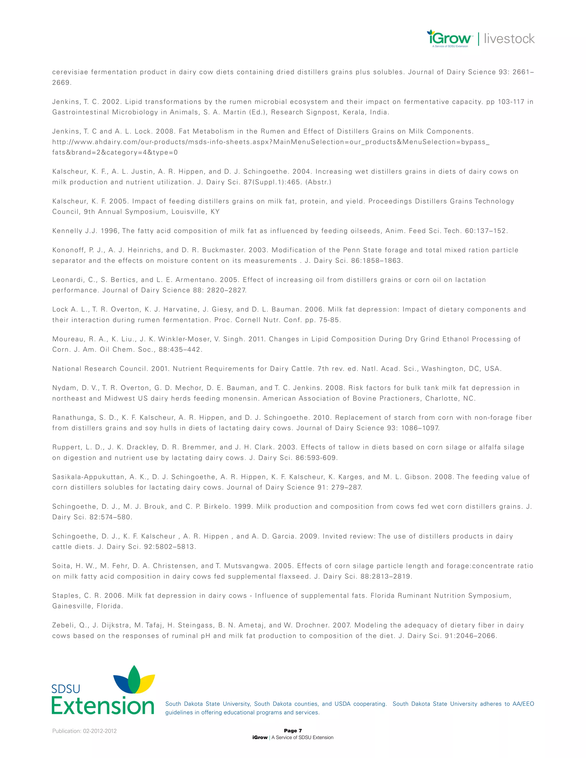Distillers grains & Milk fat depression | PDF