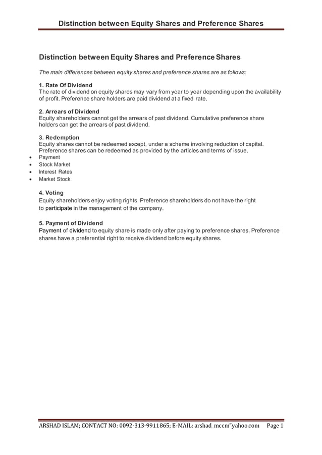 Distinction between equity shares and preference shares | DOCX