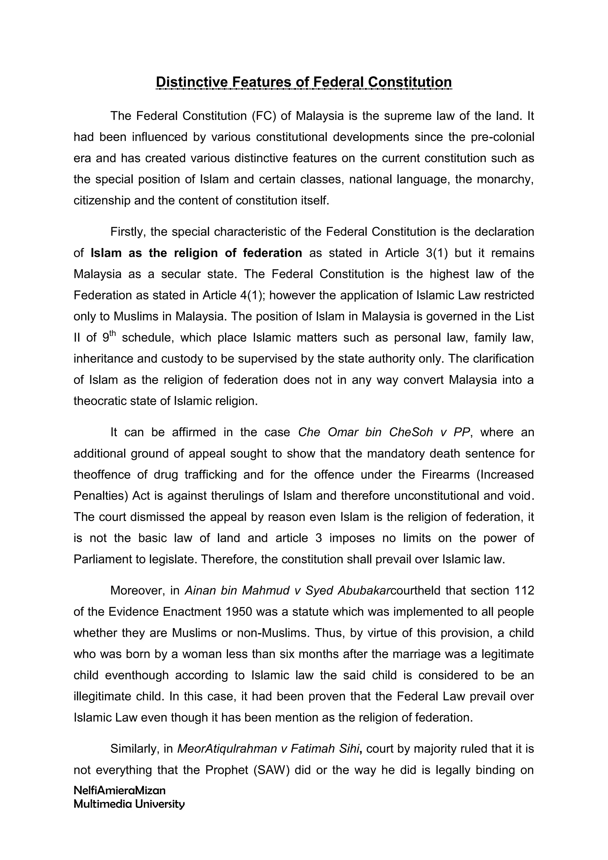 Distinctive features of Federal Constitution | DOCX