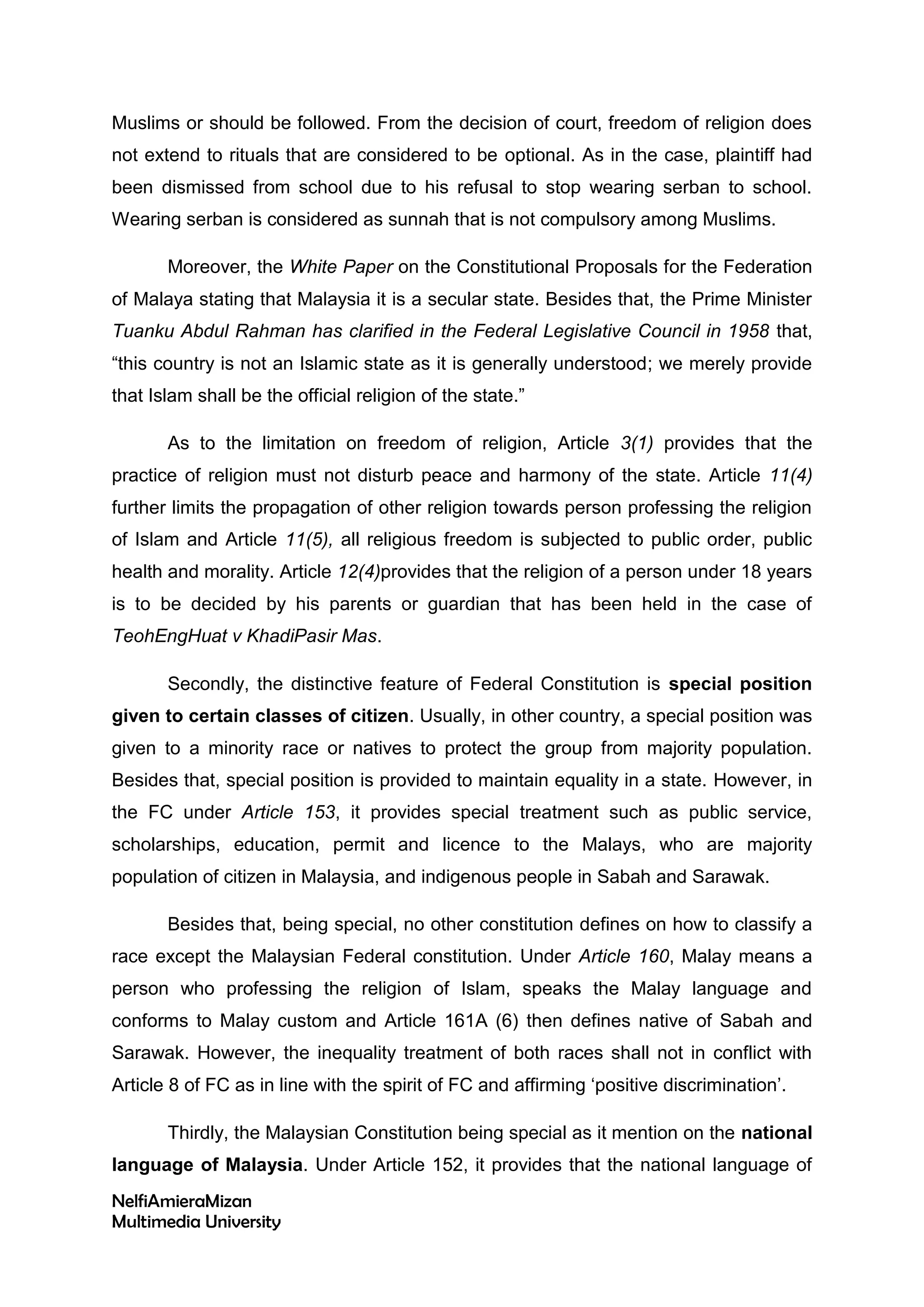 Distinctive features of Federal Constitution | DOCX