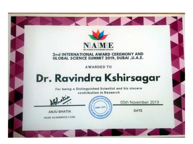 Dr. Ravindra kshirsagar Distinguished scientist award Dubai | PPT