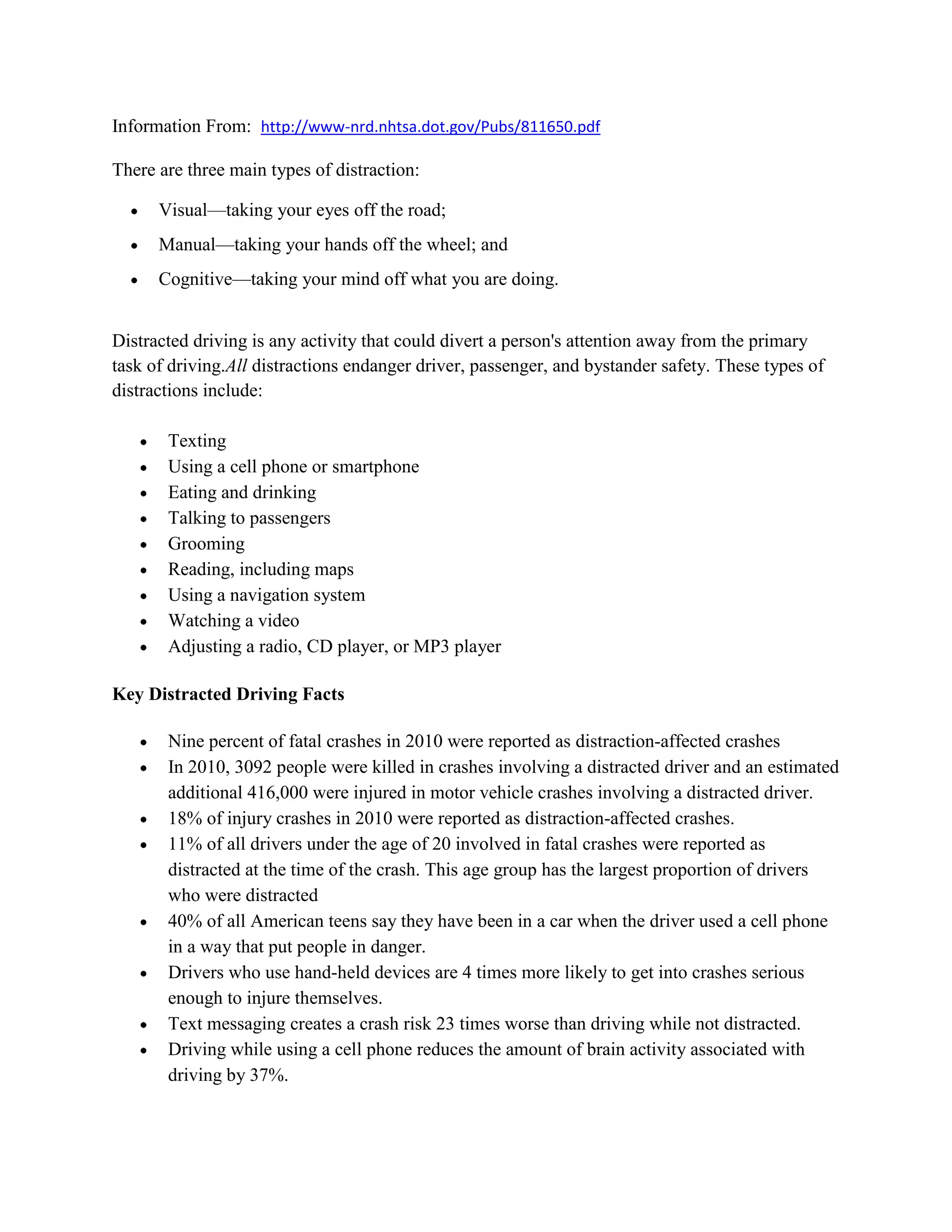 Distracted driving facts and statistics | DOCX | Injuries | Diseases ...