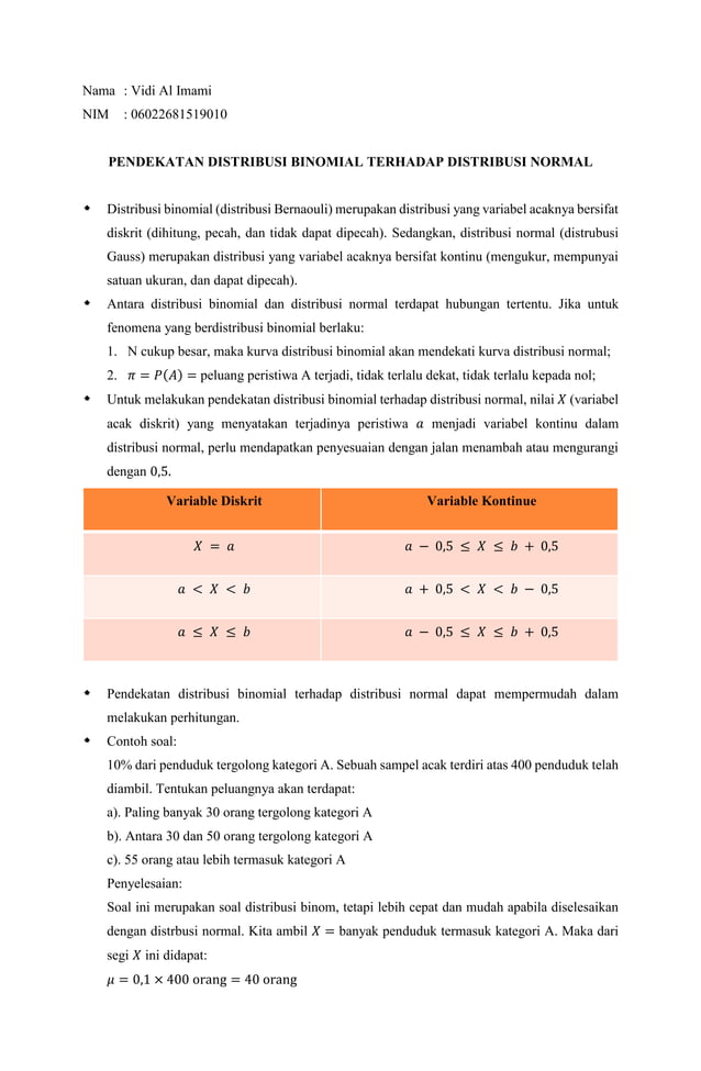 Distribusi binomial ke distribusi normal | PDF
