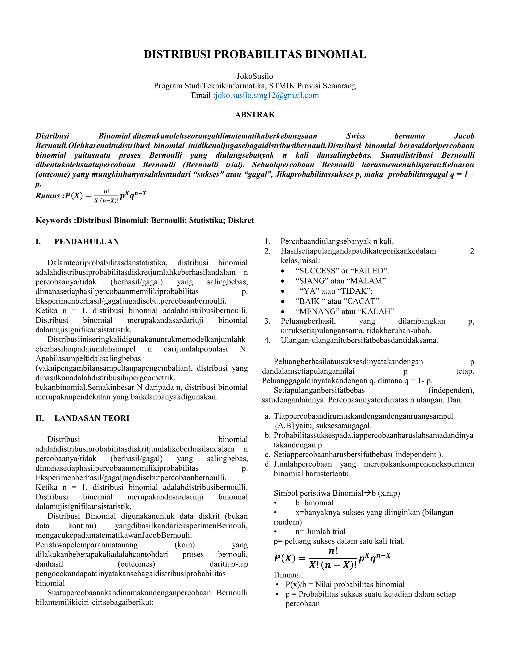 Makalah Distribusi probabilitas binomial | DOCX