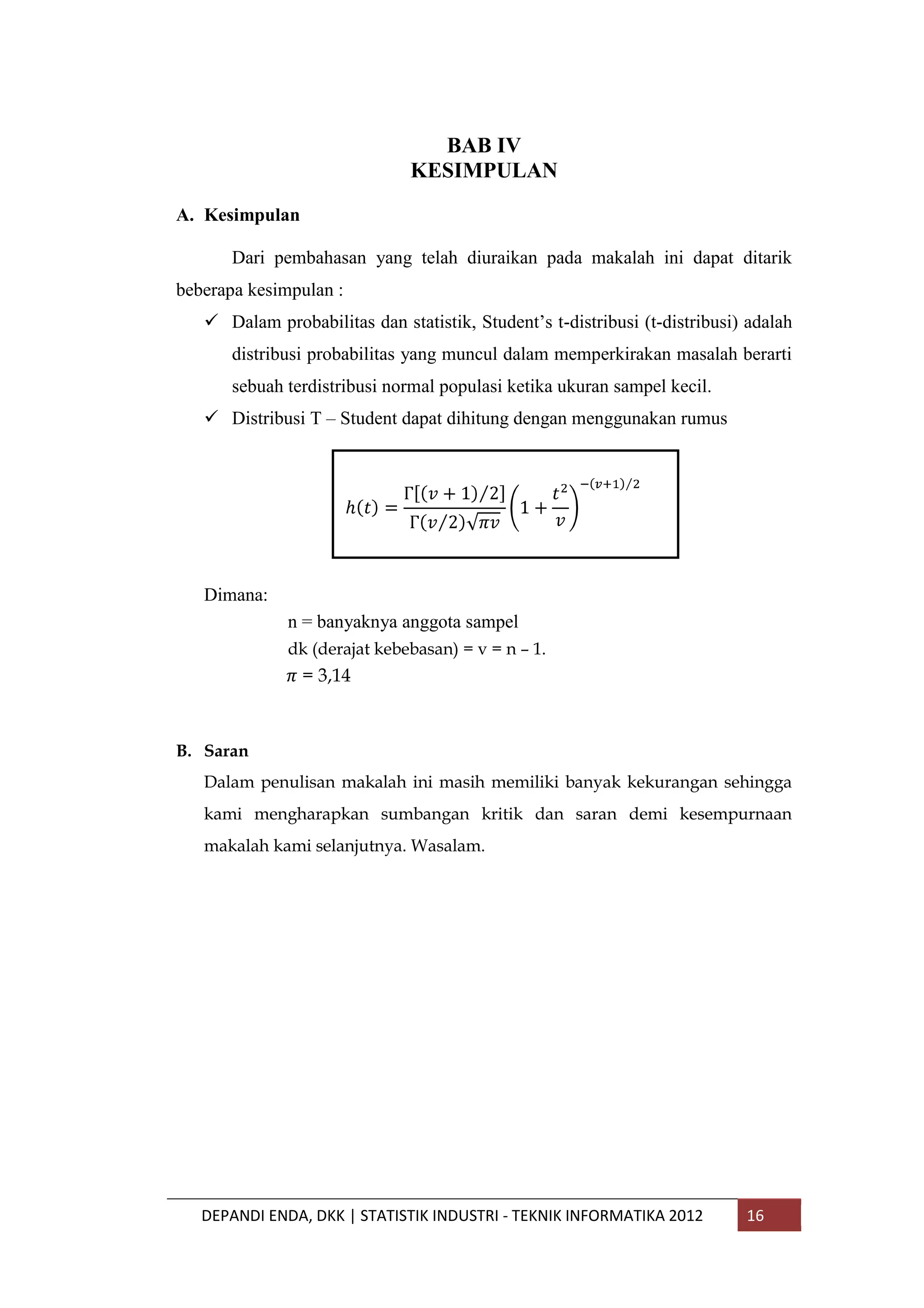 Distribusi t sudent | DOCX