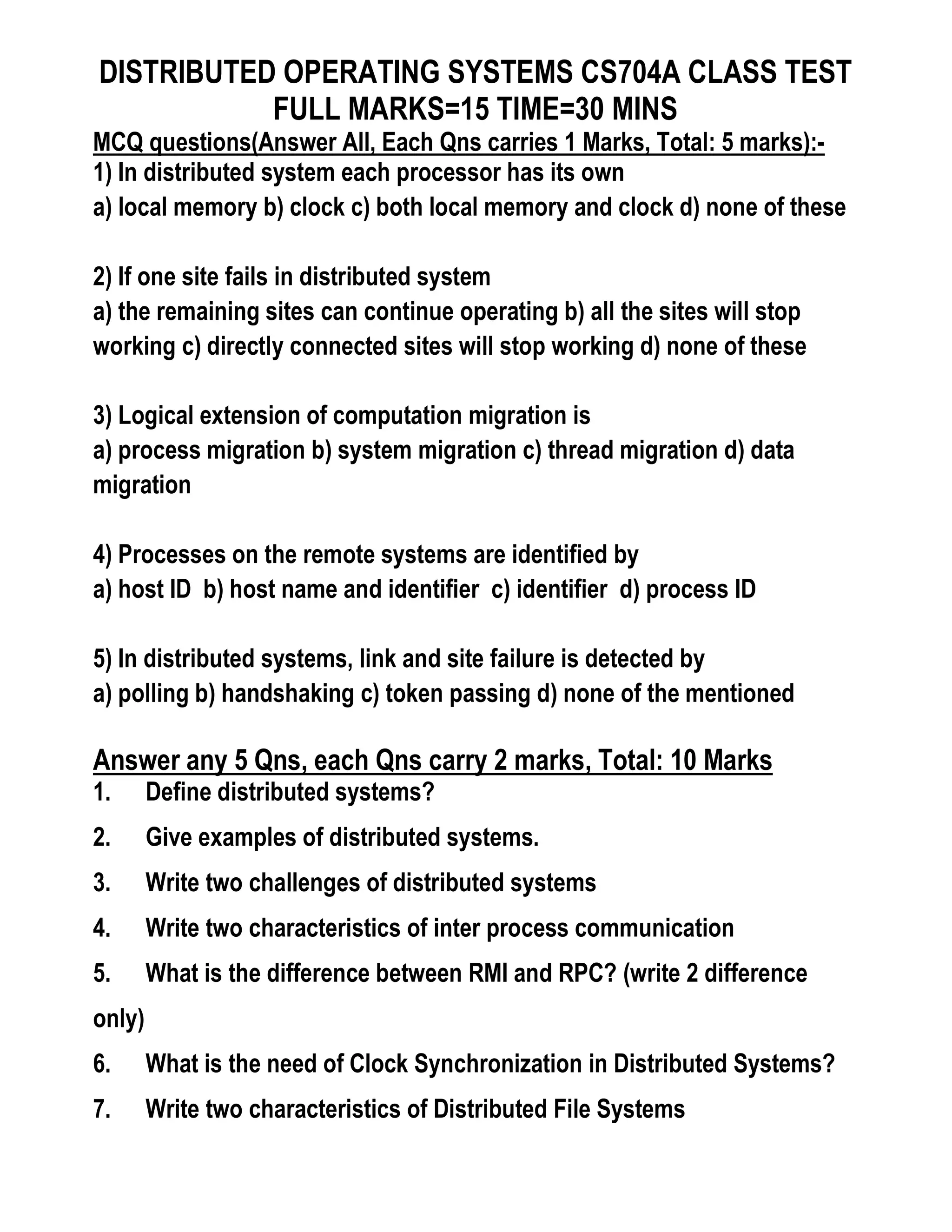 Distributed Operating Systems Cs704 A Class Test Pdf