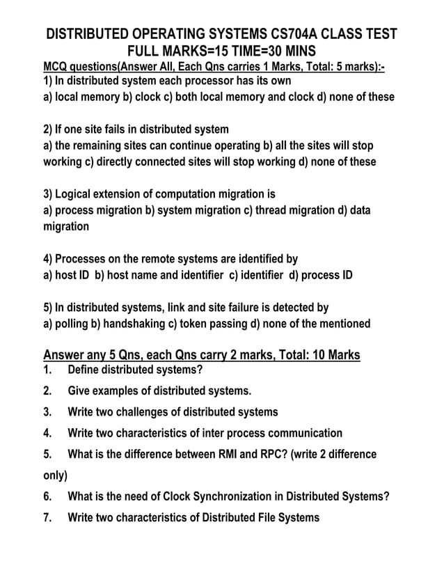 Distributed operating systems cs704 a class test | PDF