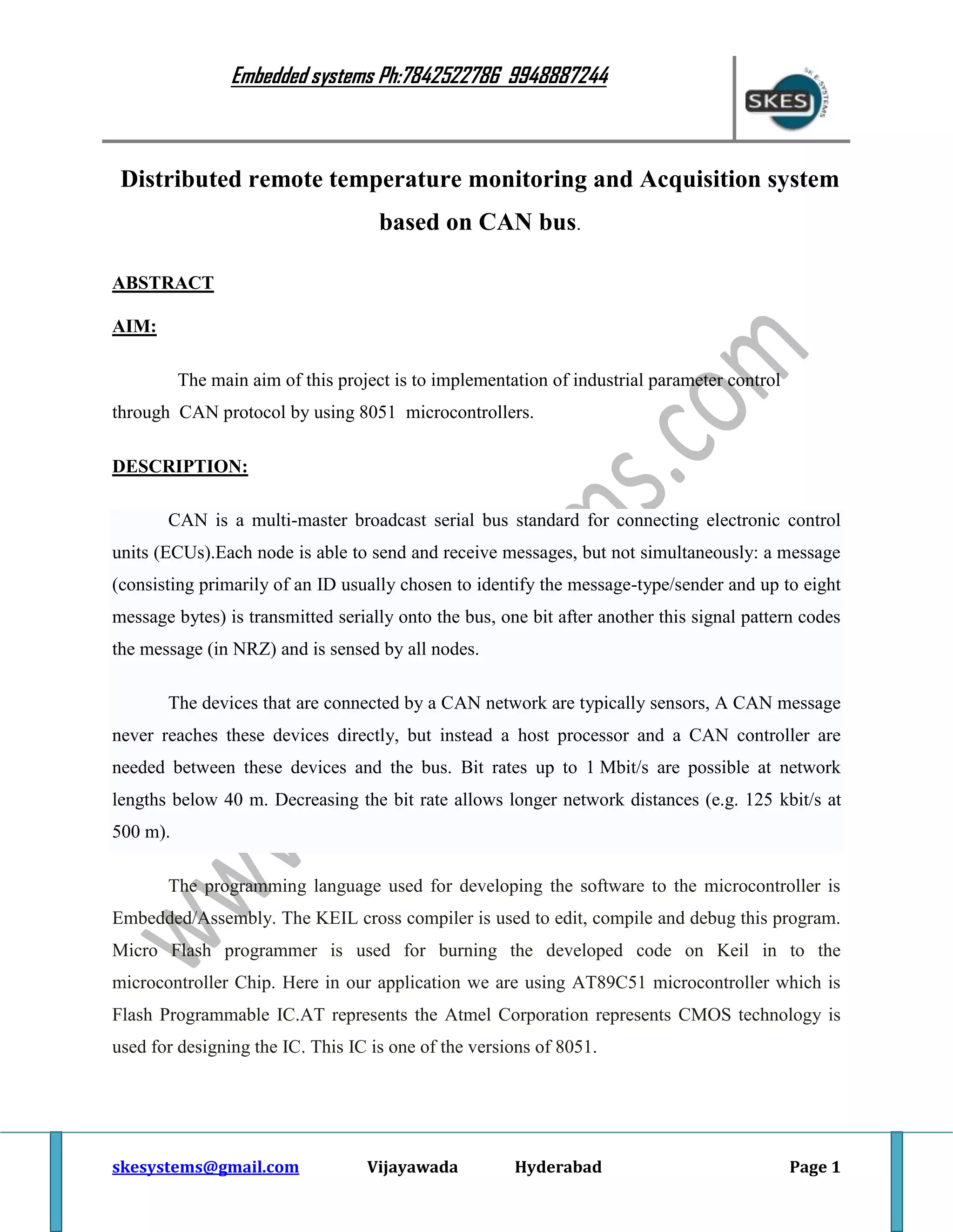 Distributed remote temperature monitoring and acquisition system based on can bus | DOCX