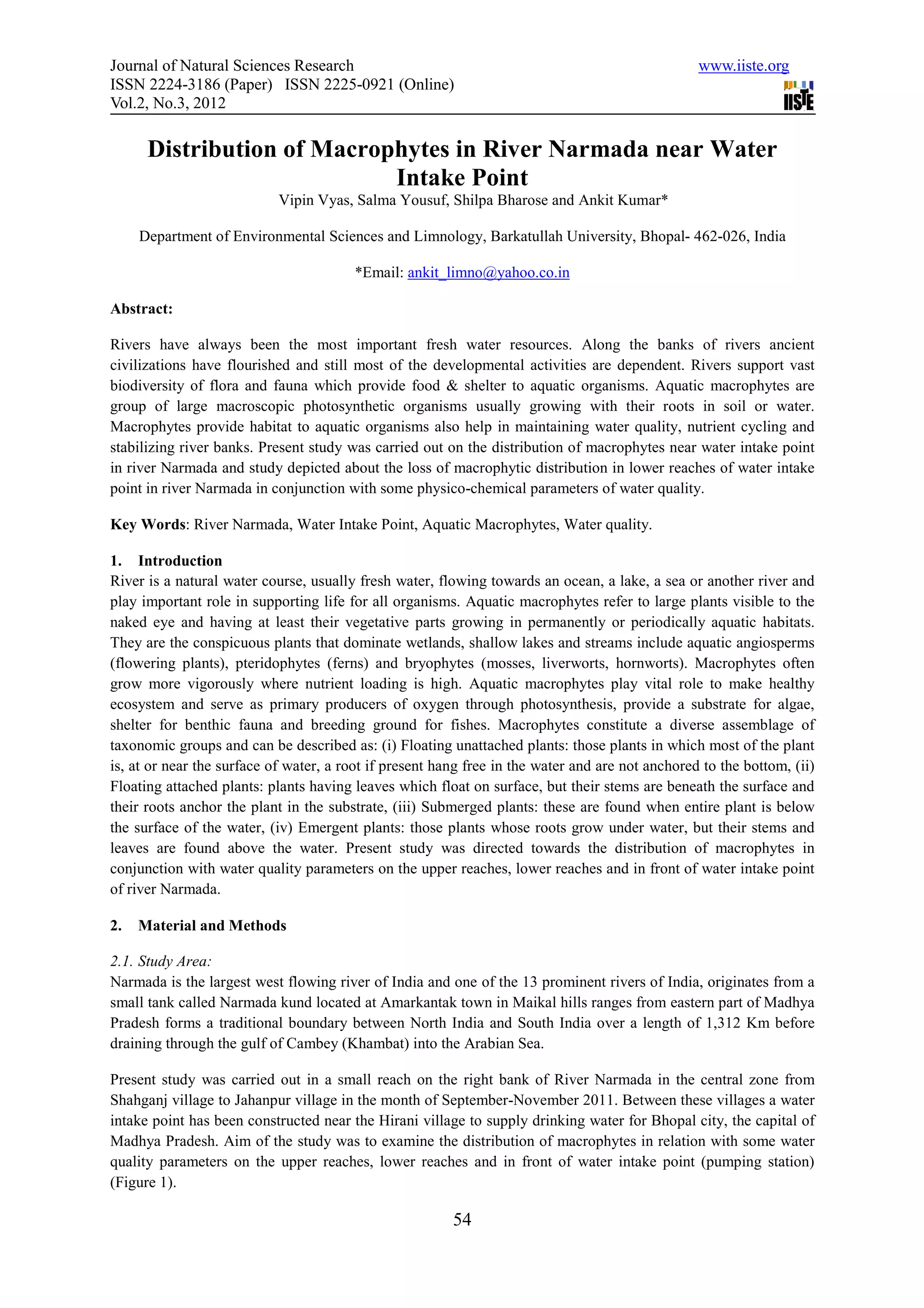 Distribution of macrophytes in river narmada near water intake point | PDF