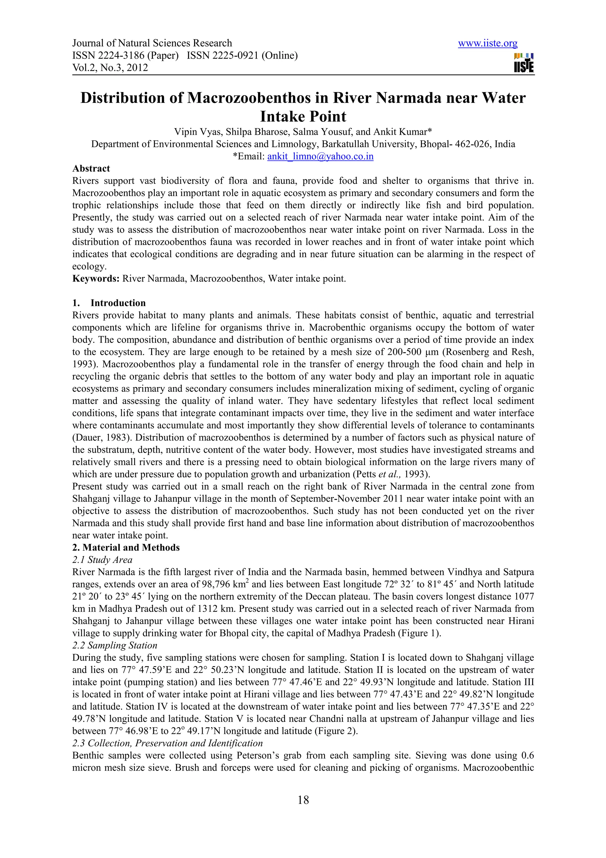 Distribution of macrozoobenthos in river narmada near water intake ...