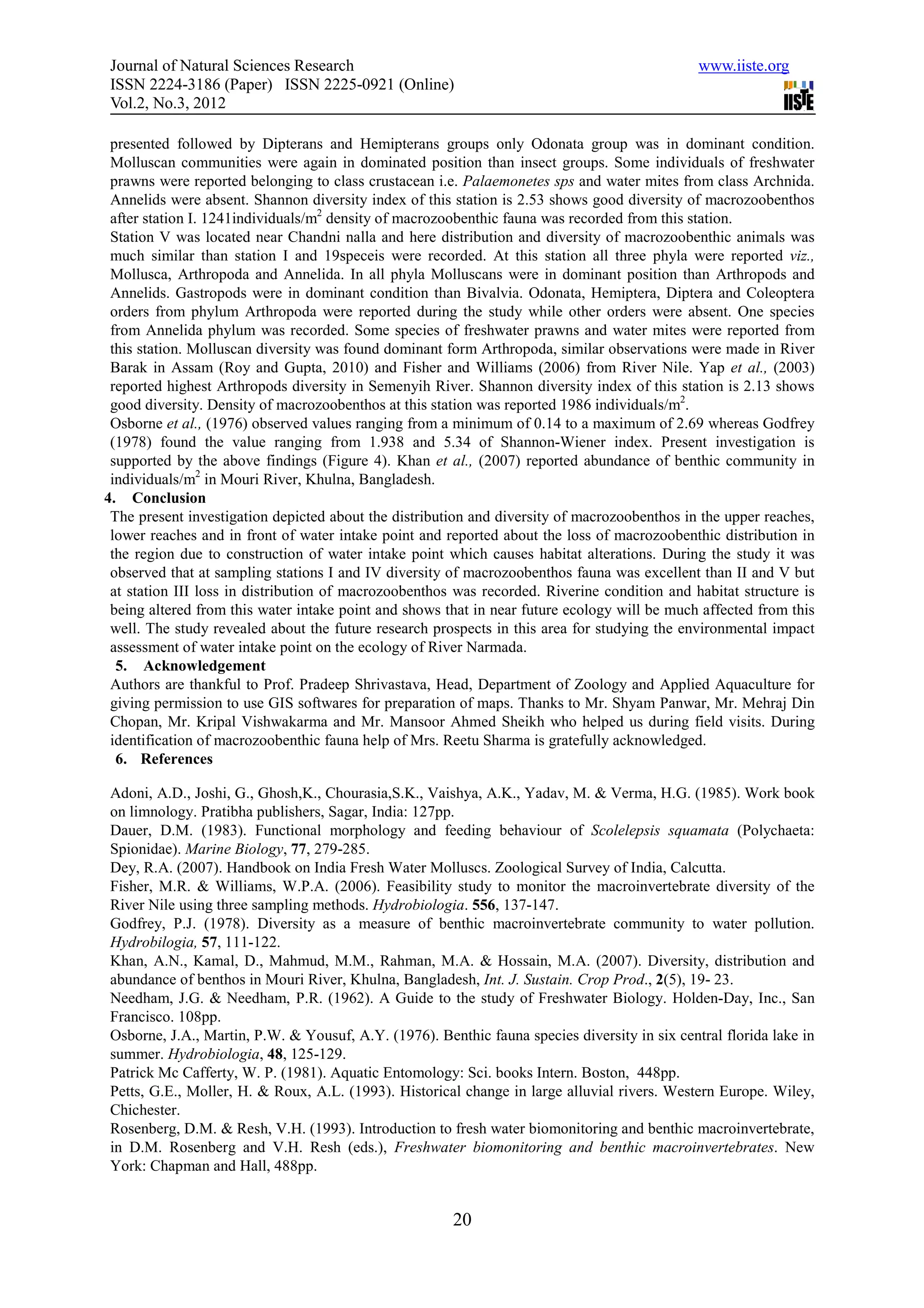 Distribution of macrozoobenthos in river narmada near water intake ...