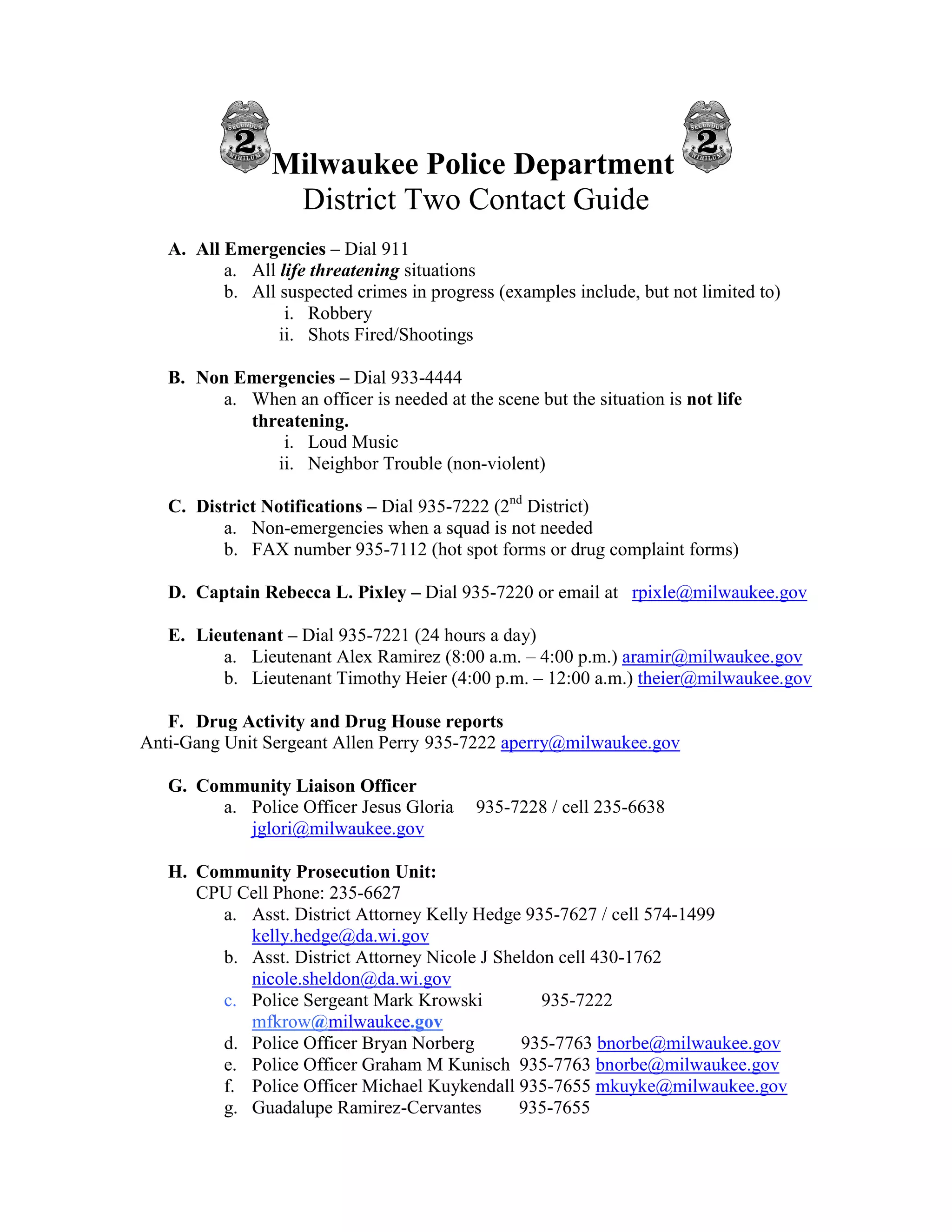 Milwaukee Police District 2 - Contact Guide | PDF