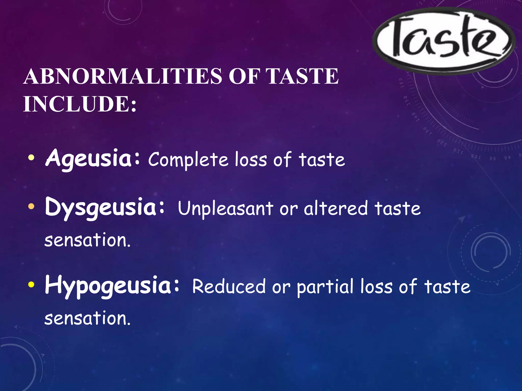 Disturbances of taste: Dysgeusia, Hypogeusia and Ageusia | PPTX