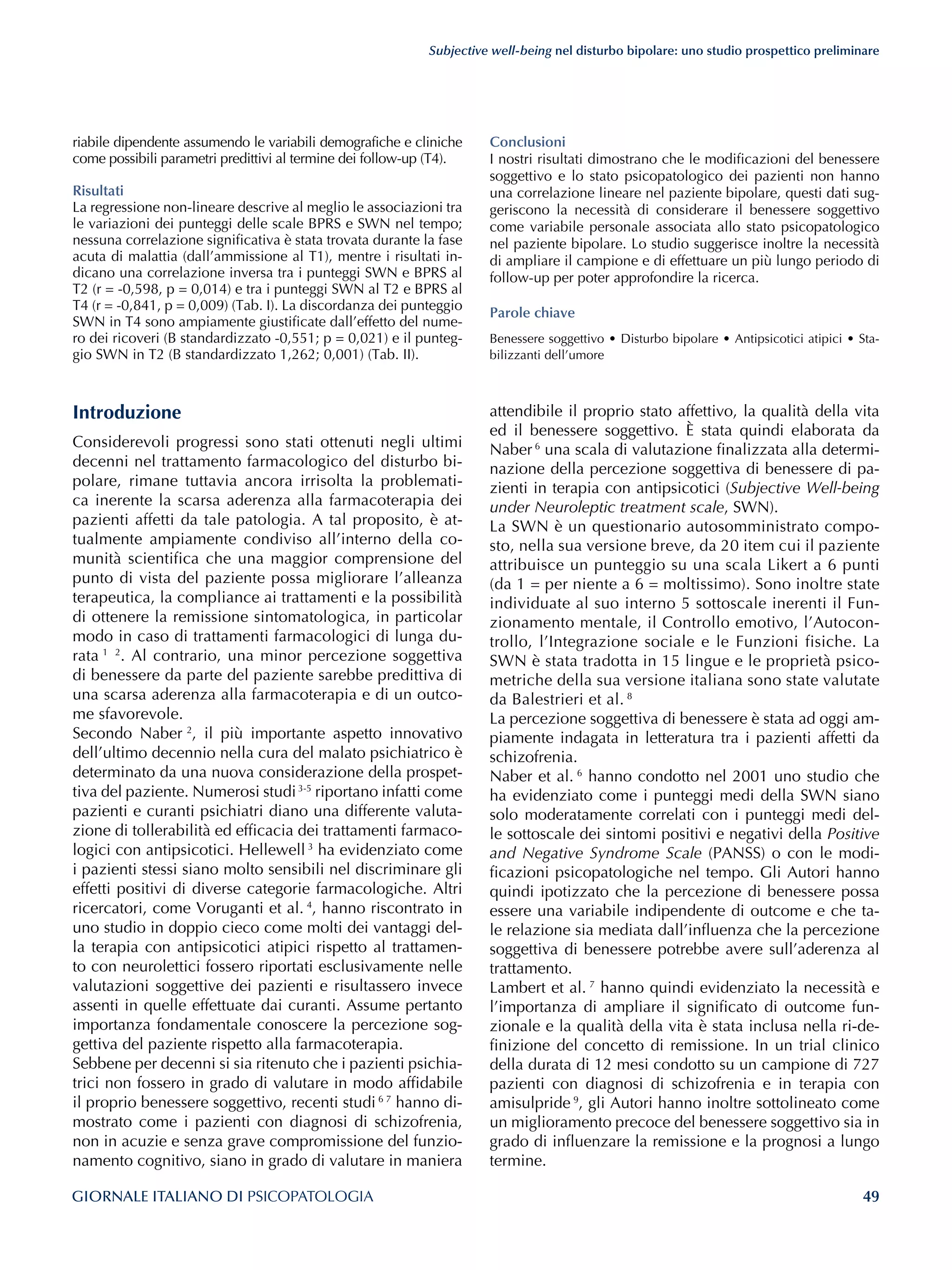 Subjective well-being nel disturbo bipolare: uno studio prospettico preliminare. | PDF
