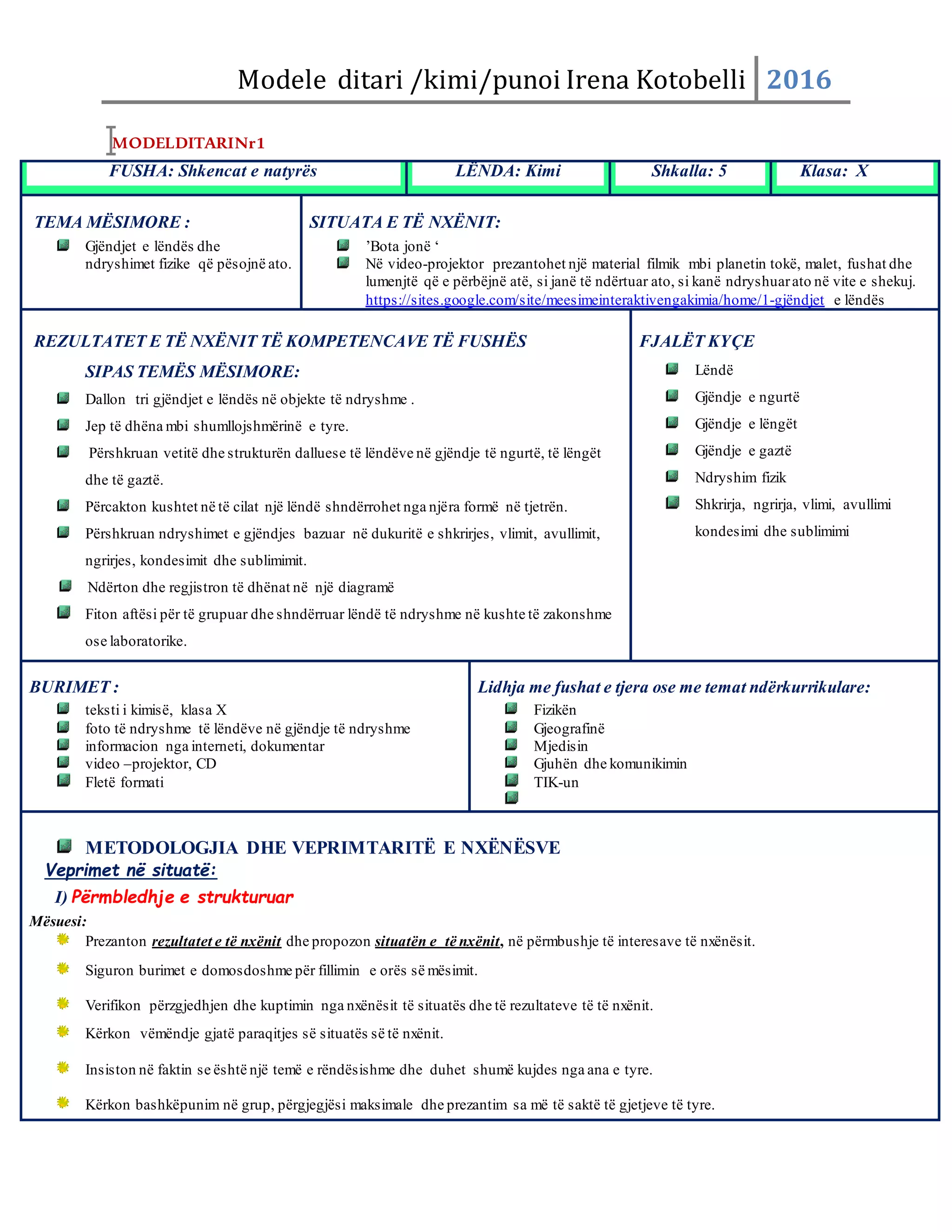 Modele Mësimdhenie : Kimi x (kurrikula e re ) byirenakotobelli | DOCX