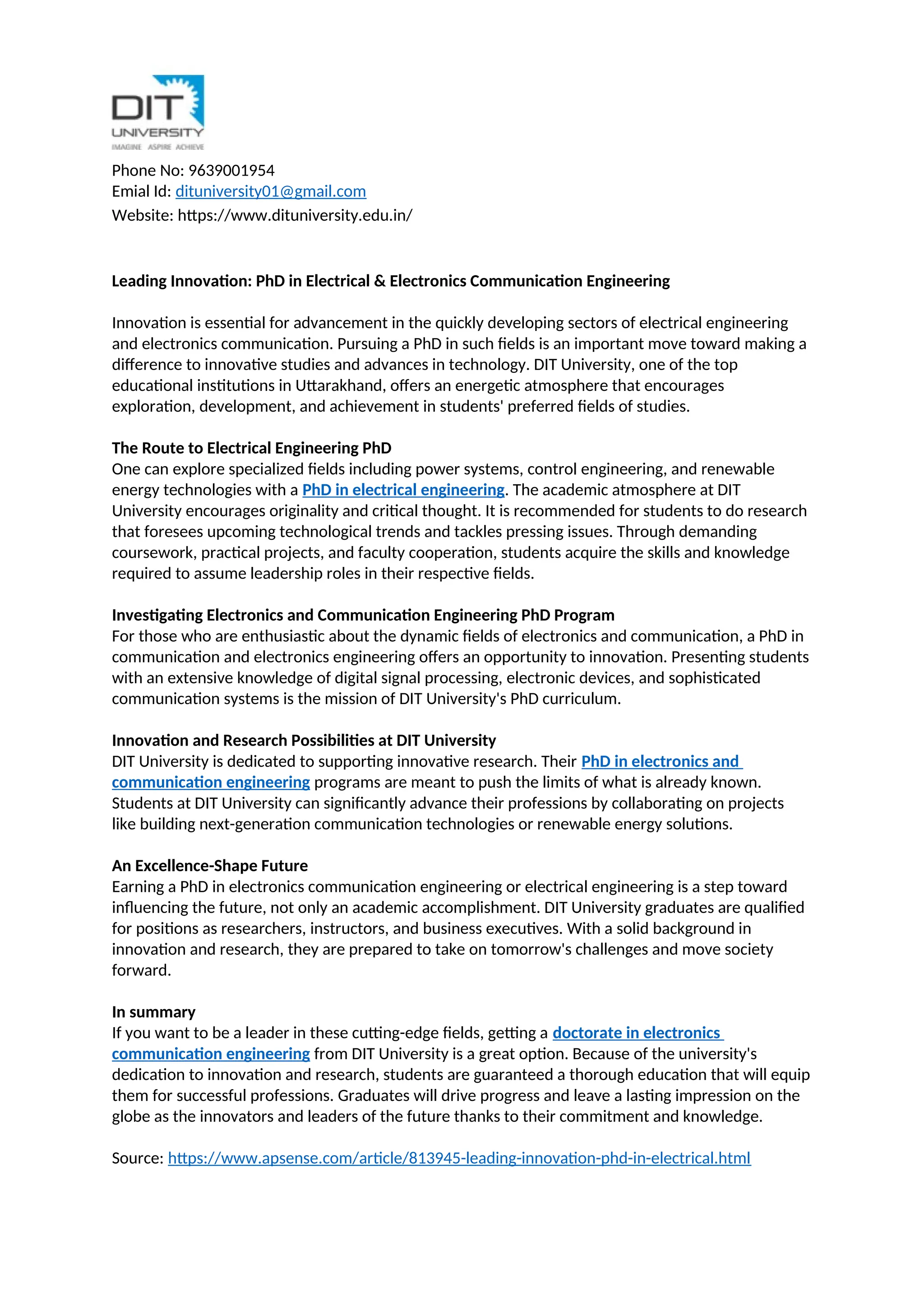 Leading Innovation: PhD in Electrical & Electronics Communication ...