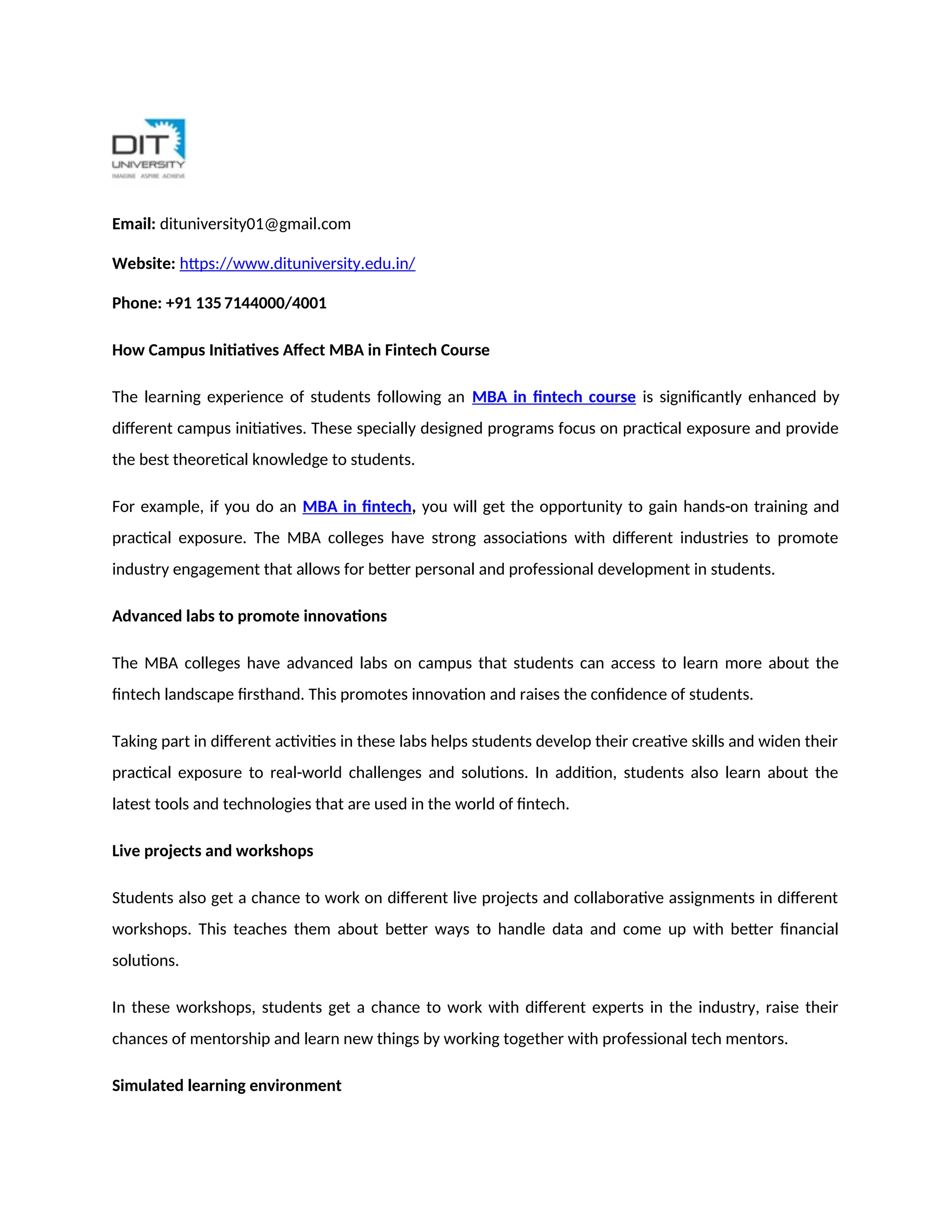 How Campus Initiatives Affect MBA in Fintech Course | PDF